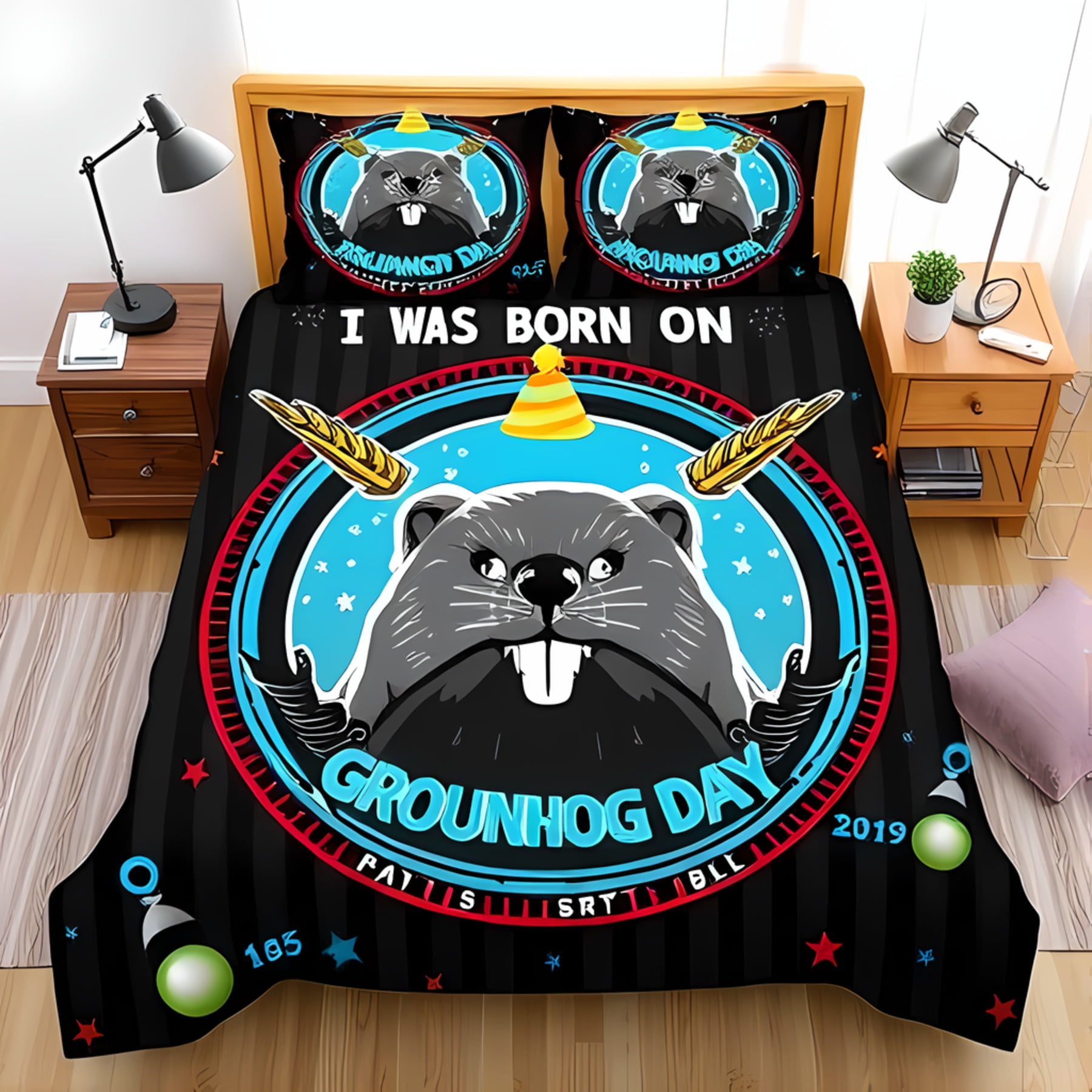 3-Piece Groundhog Day Duvet Cover Set - Festive Groundhog in Party Hat ...
