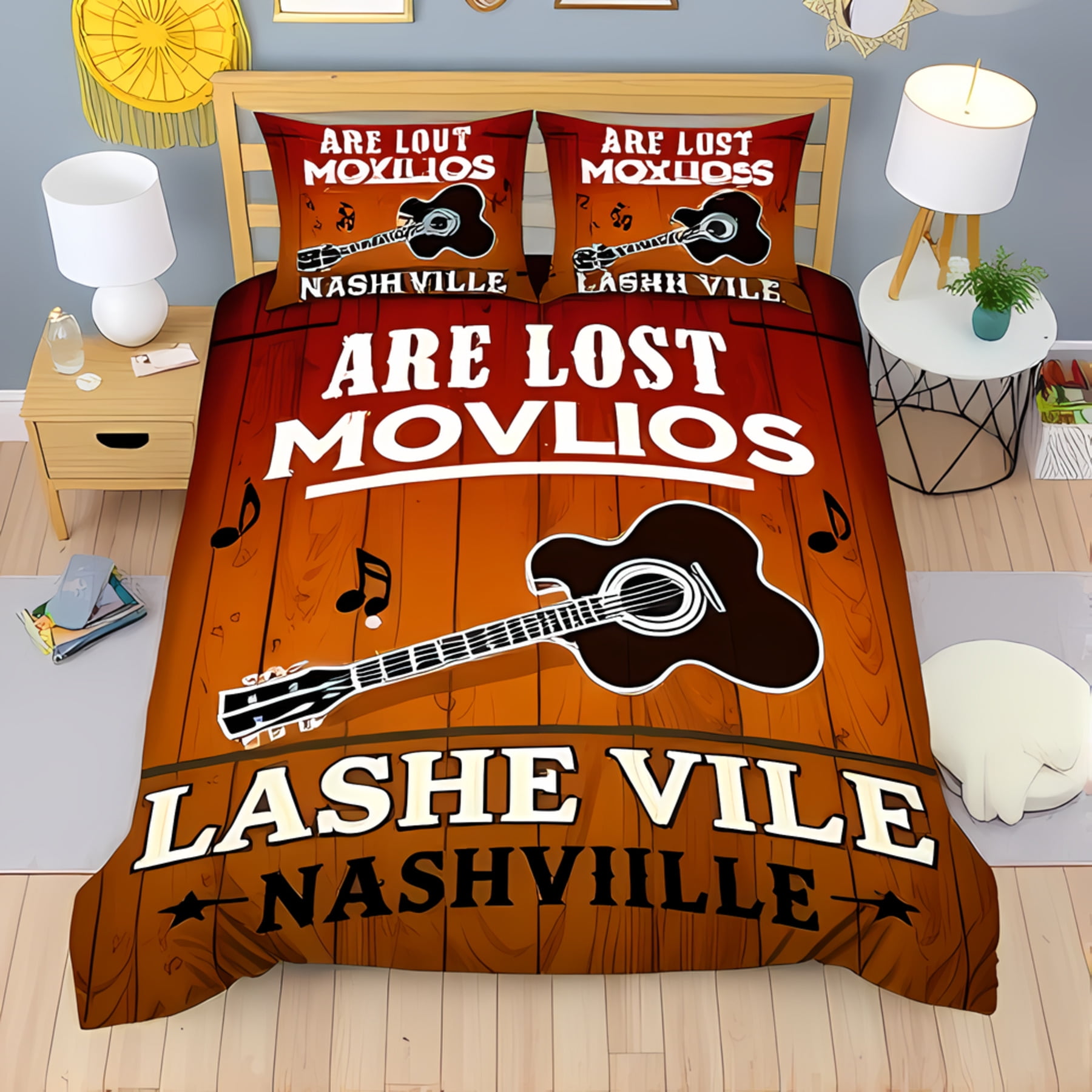 3-Piece Guitar Themed Duvet Cover Set with Playful Lettering & Musical ...