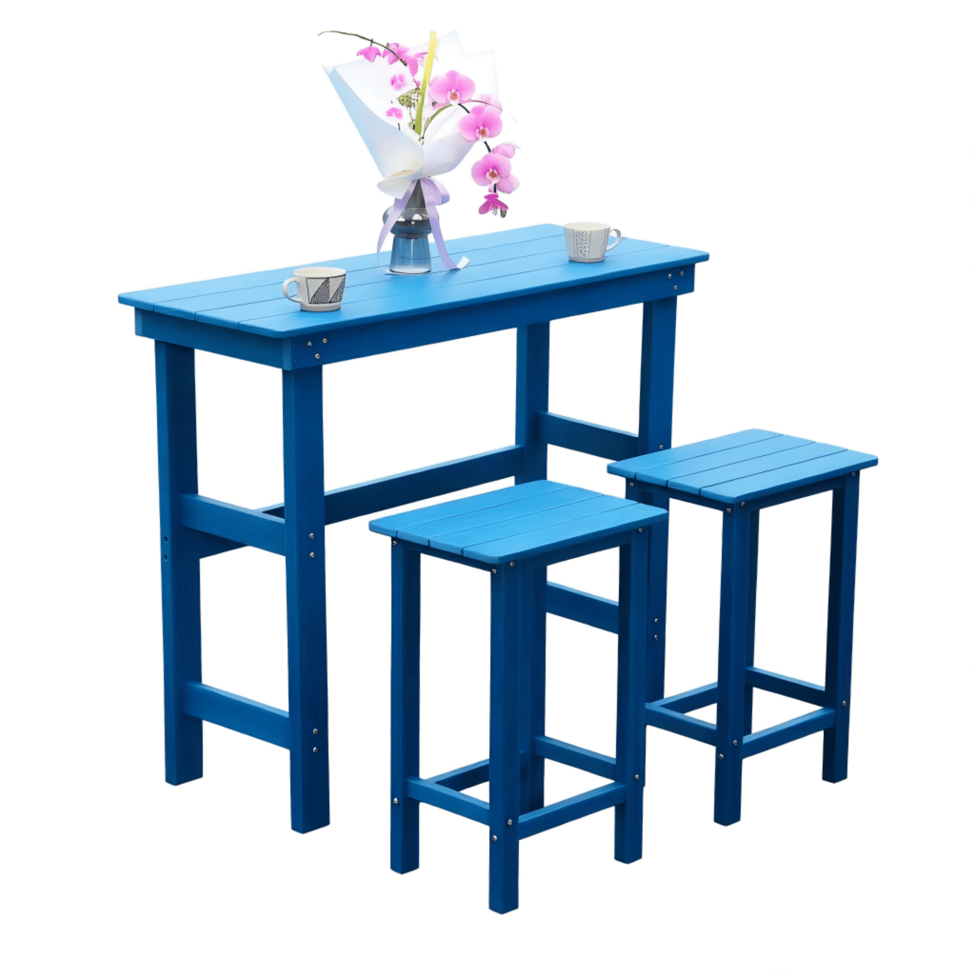 3-Piece HDPE Outdoor Bar Set, 52" High Top Table & 2 Backless Bar ...