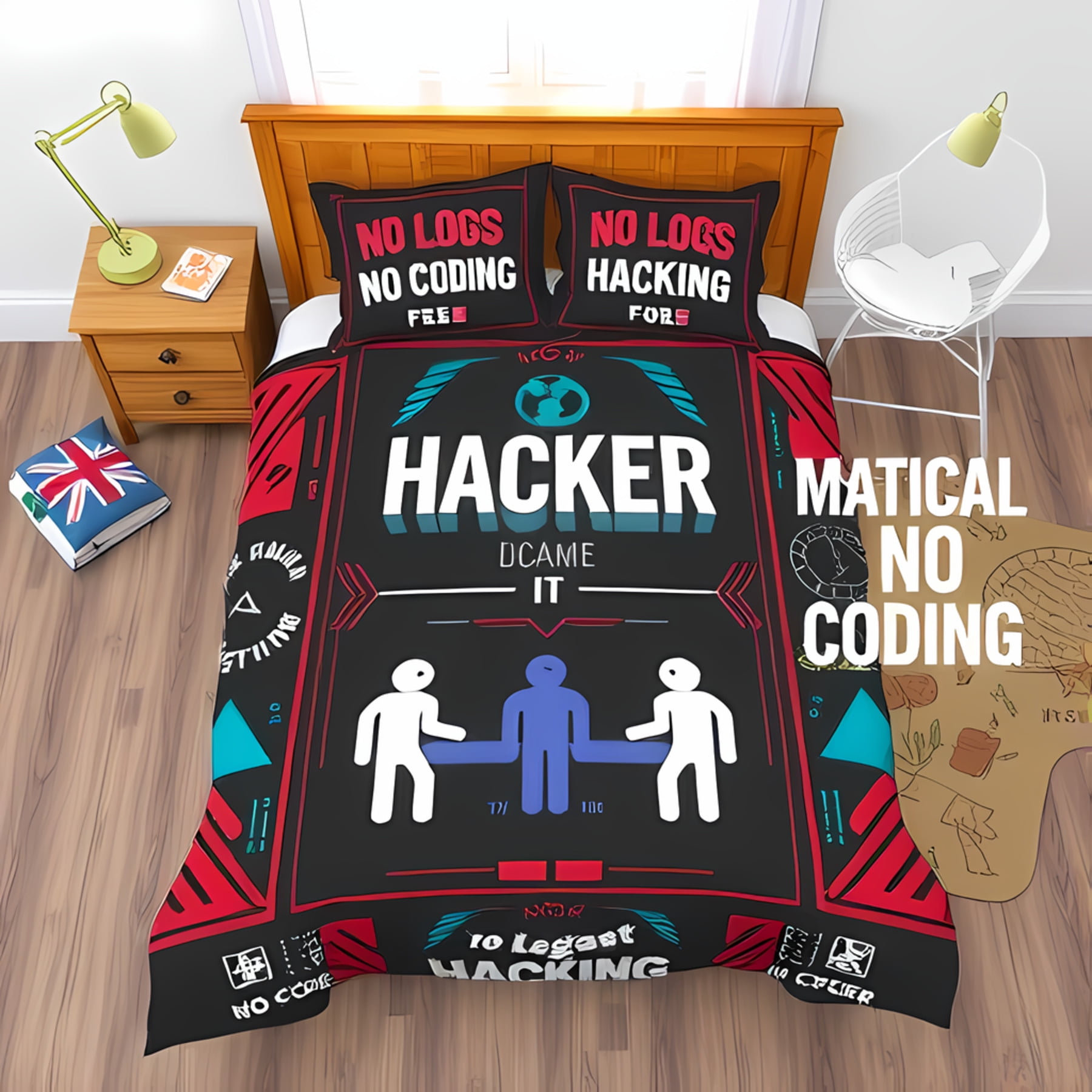 3-Piece Hacker Themed Duvet Cover Set - Black Comforter with Bold ...