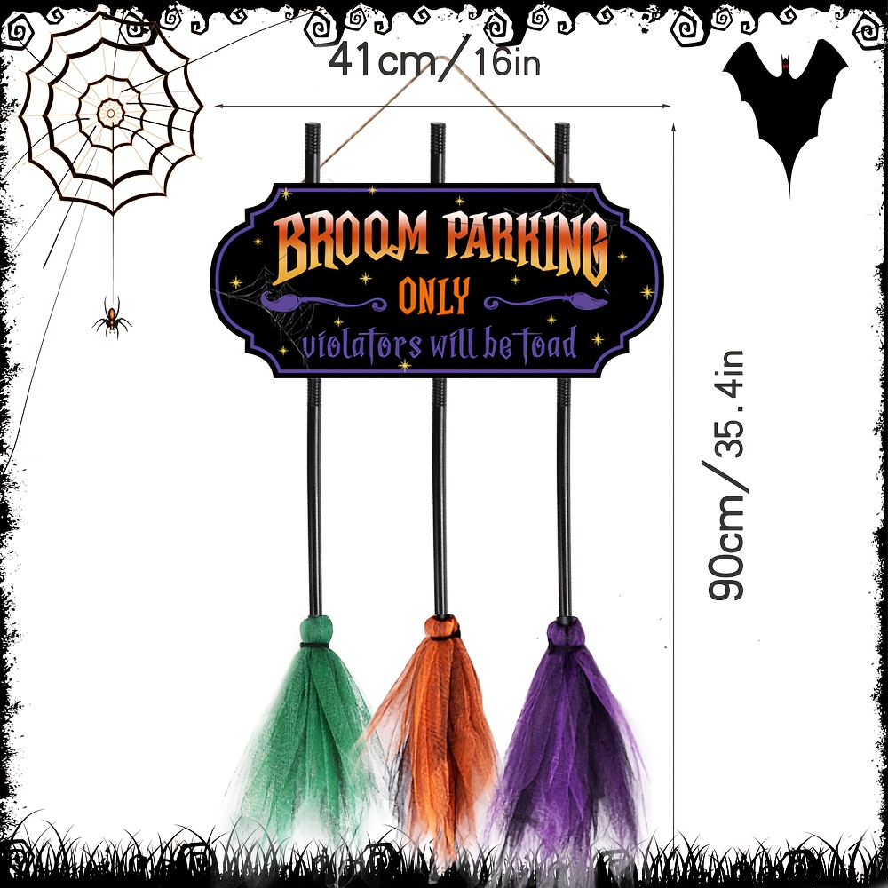 3-Piece Halloween Broom Parking Sign with Wooden Witch Brooms - Spooky ...