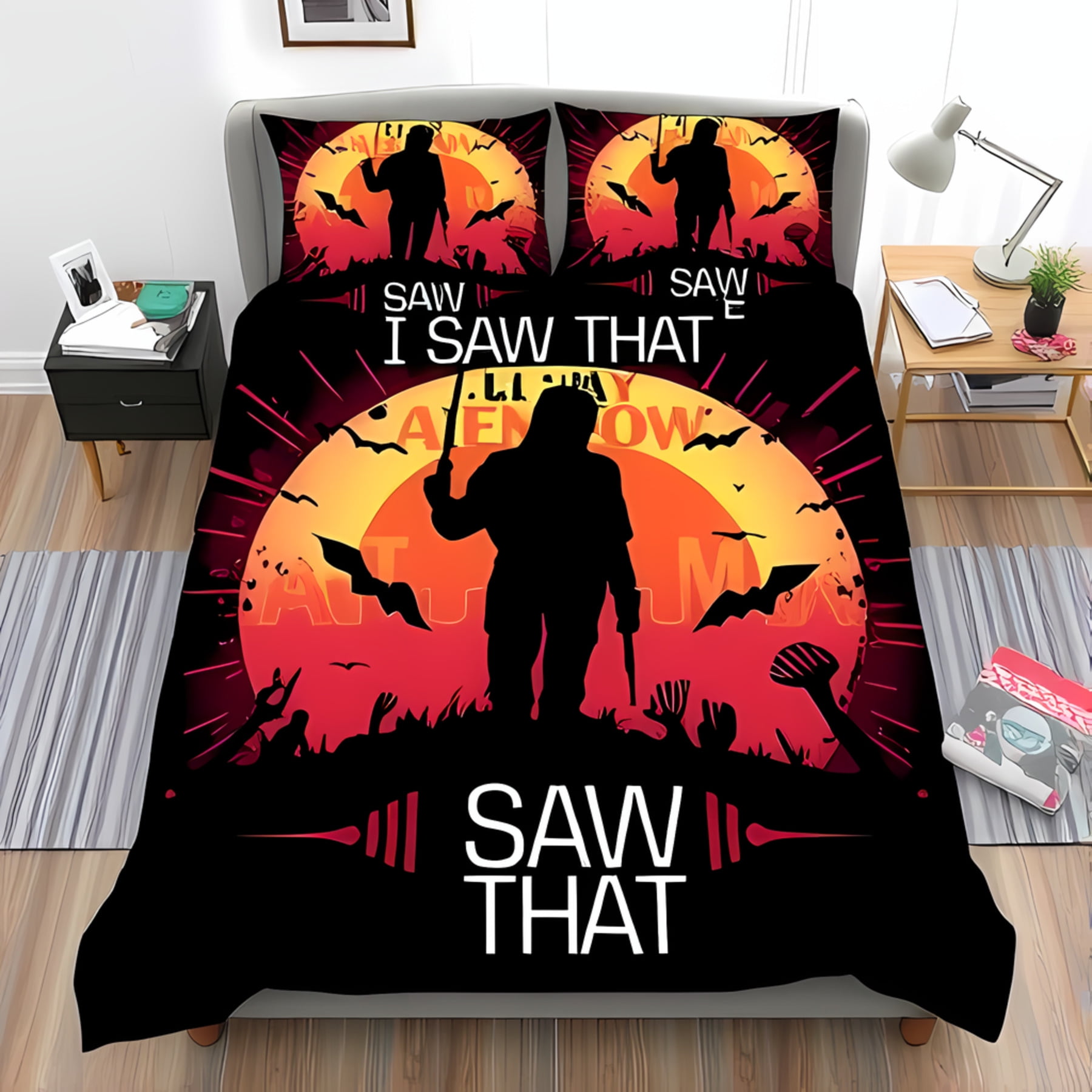 3-Piece Halloween Duvet Cover Set - Black Background with Orange & Red ...