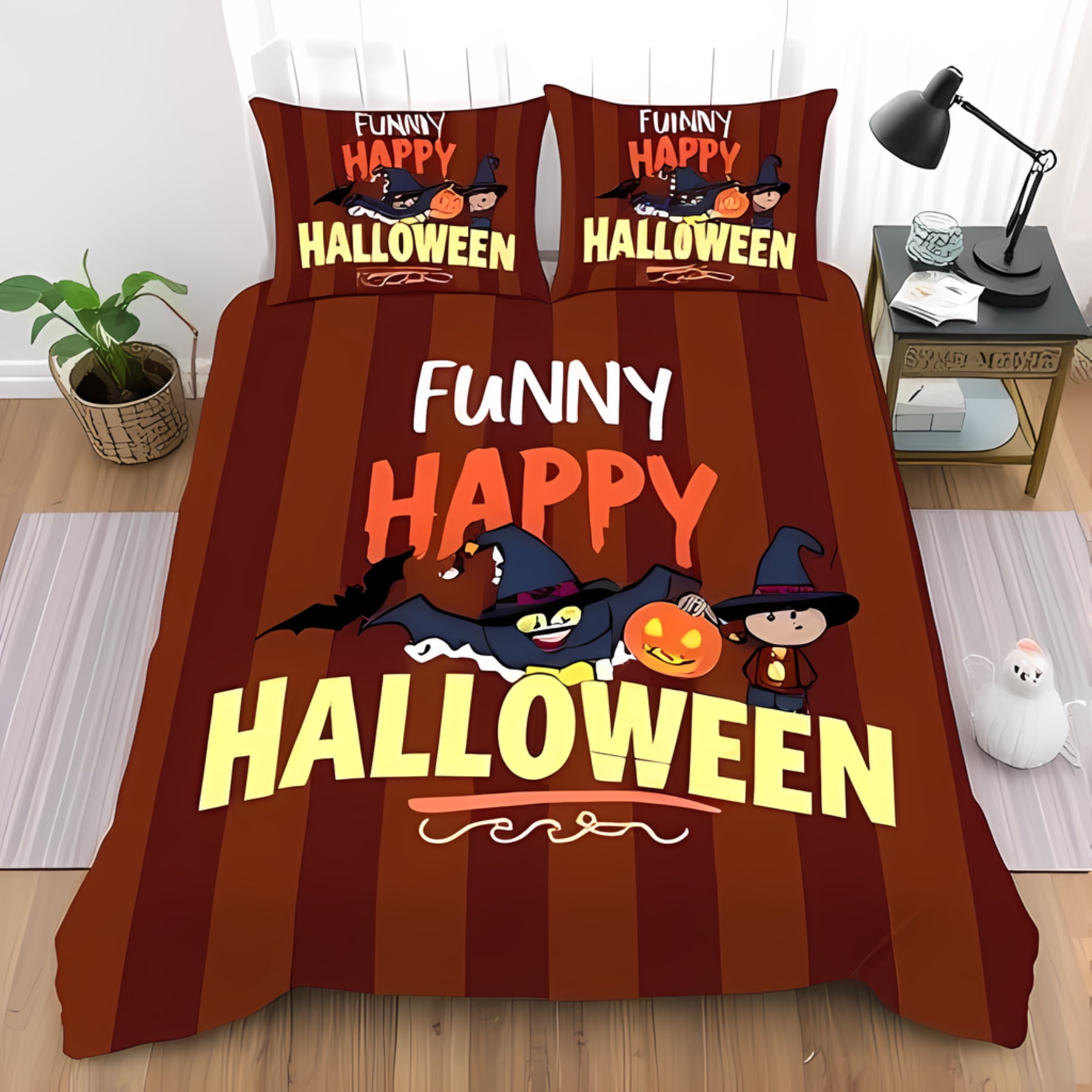 3-Piece Halloween Duvet Cover Set - Fun Cartoon Characters Maroon ...