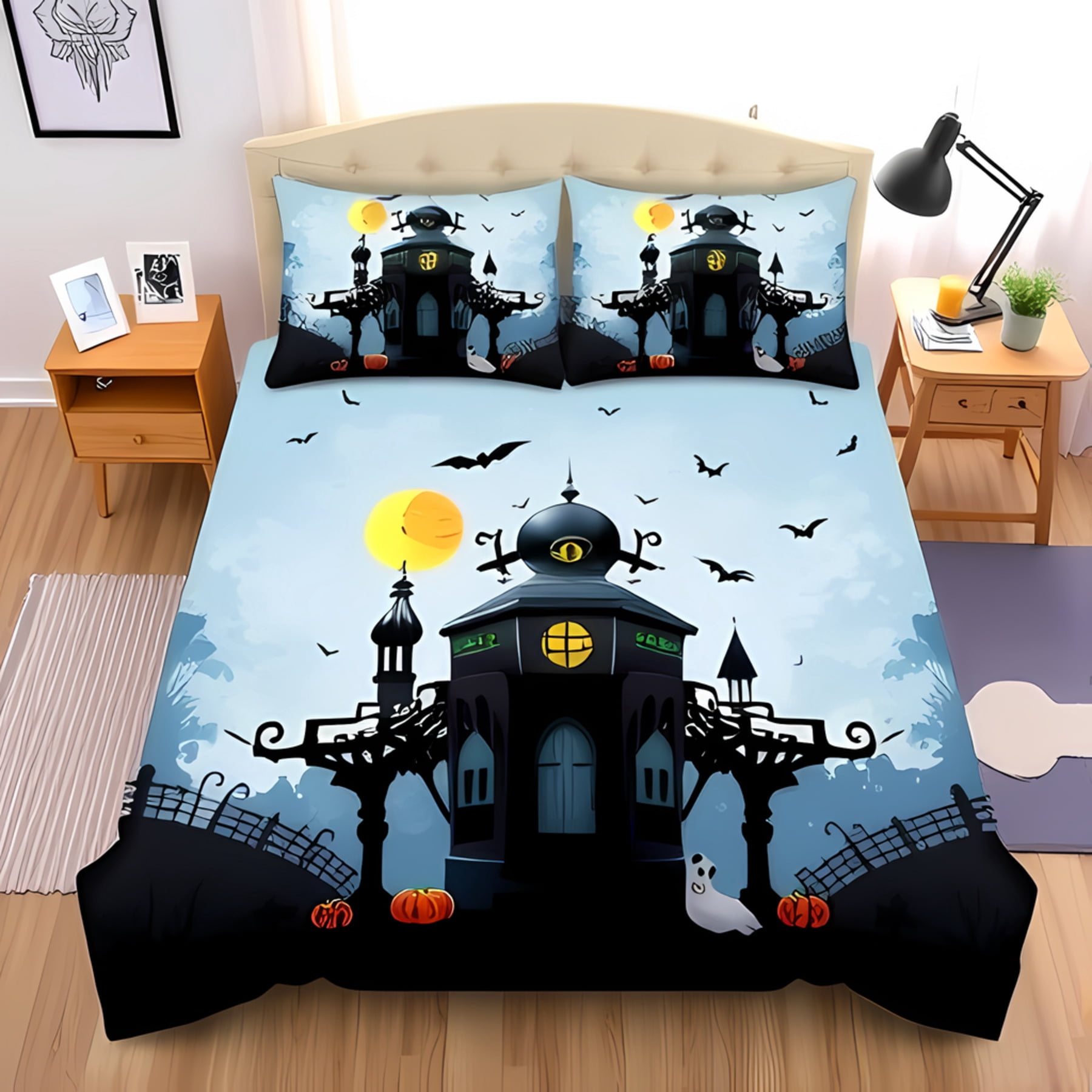 3-Piece Halloween Duvet Cover Set - Spooky Black with Yellow Moon ...