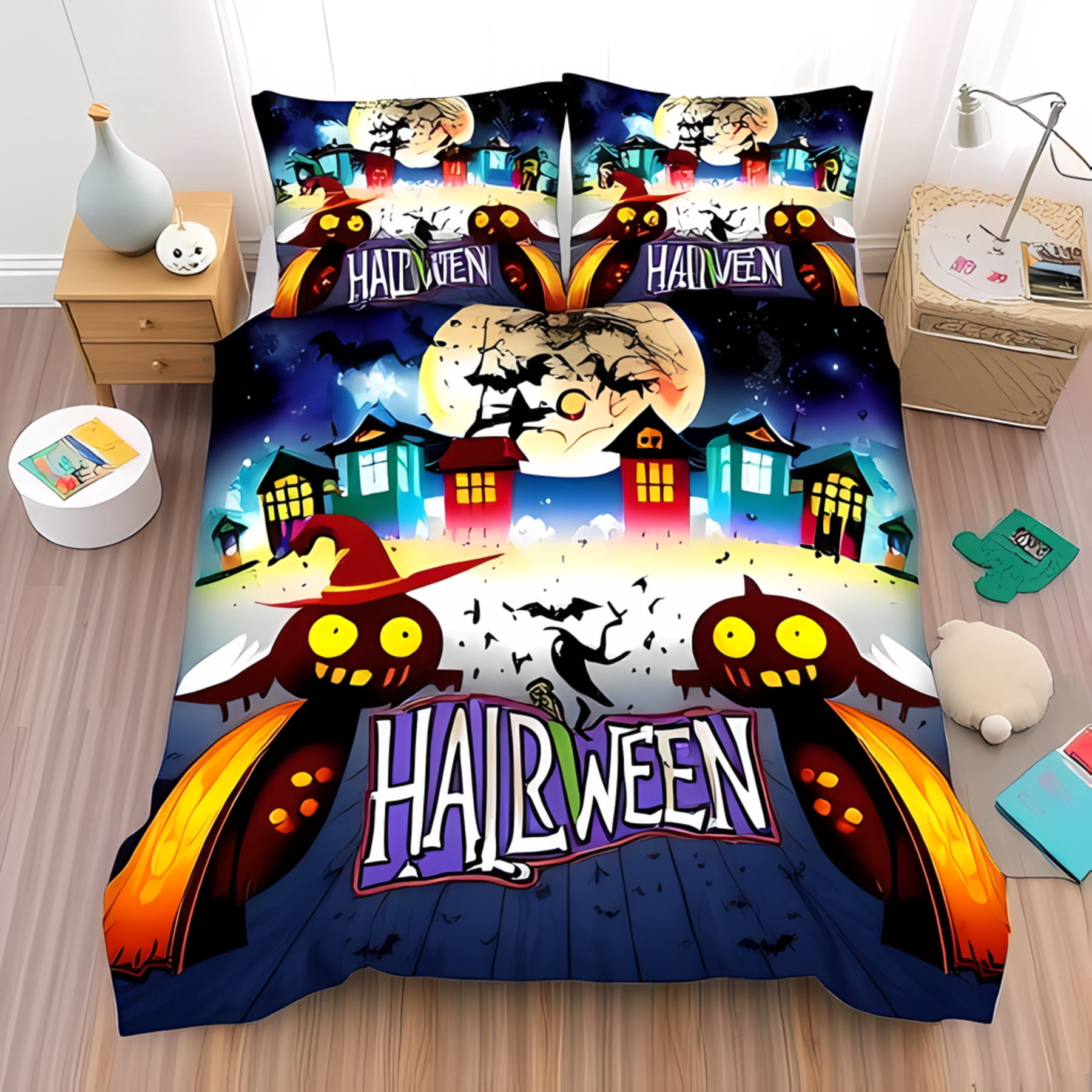 3-Piece Halloween Duvet Cover Set - Spooky Night Sky with Bats Colorful ...