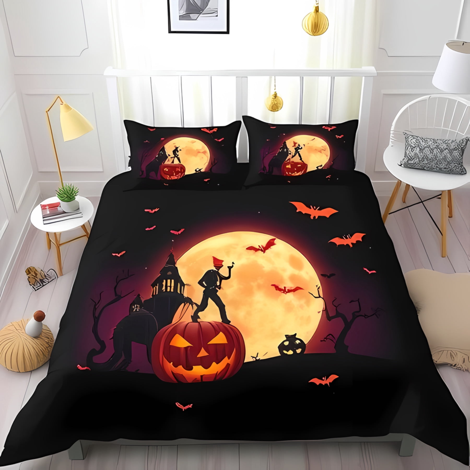 3-Piece Halloween Duvet Cover Set - Spooky Orange Moon Bats & Witch ...