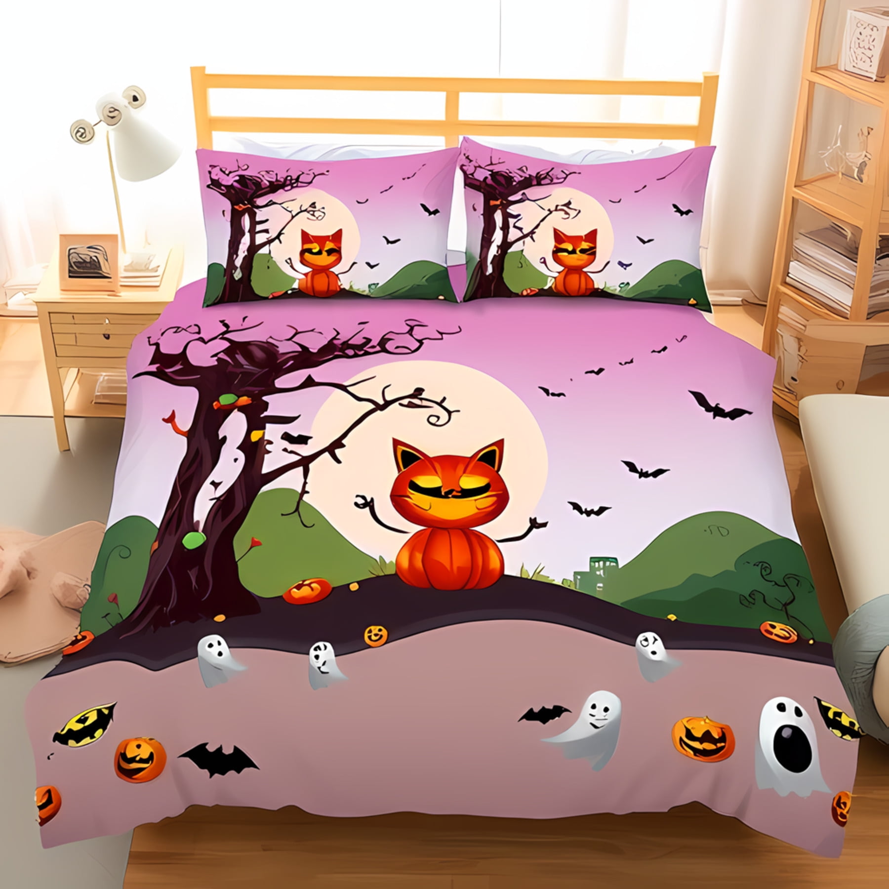 3-Piece Halloween Duvet Cover Set - Spooky Pumpkin Bats & Ghosts Design ...
