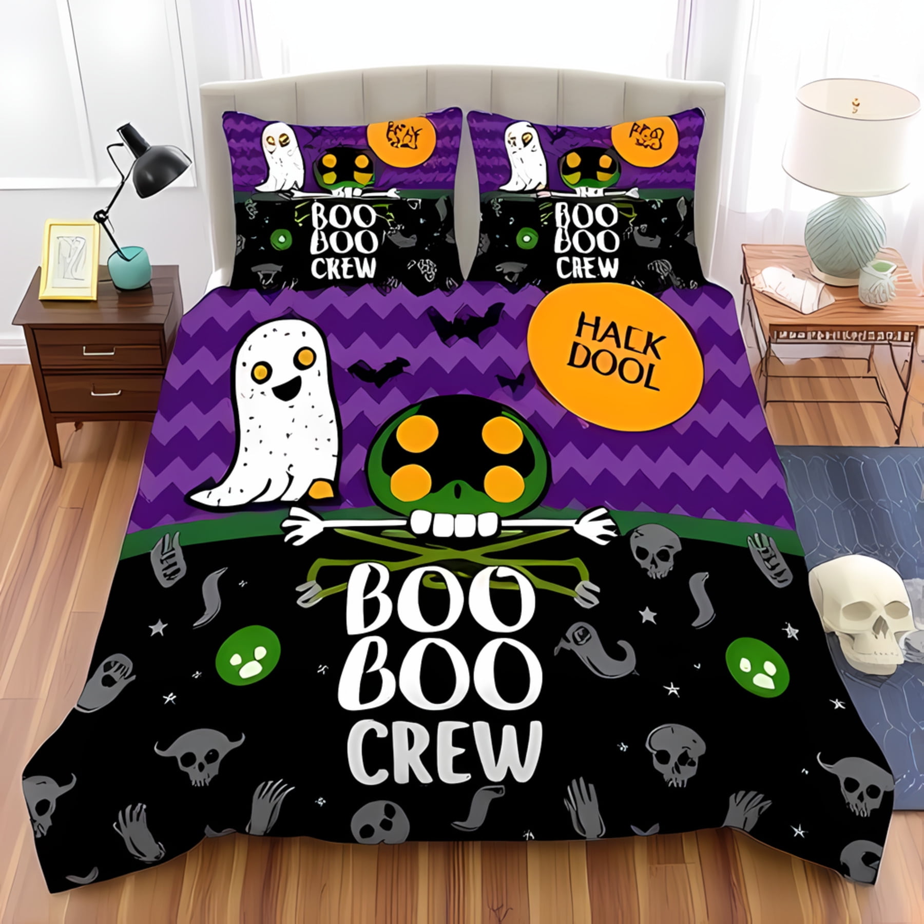 3-Piece Halloween Duvet Cover Set - Vibrant "Boo Boo Crew" Design with ...