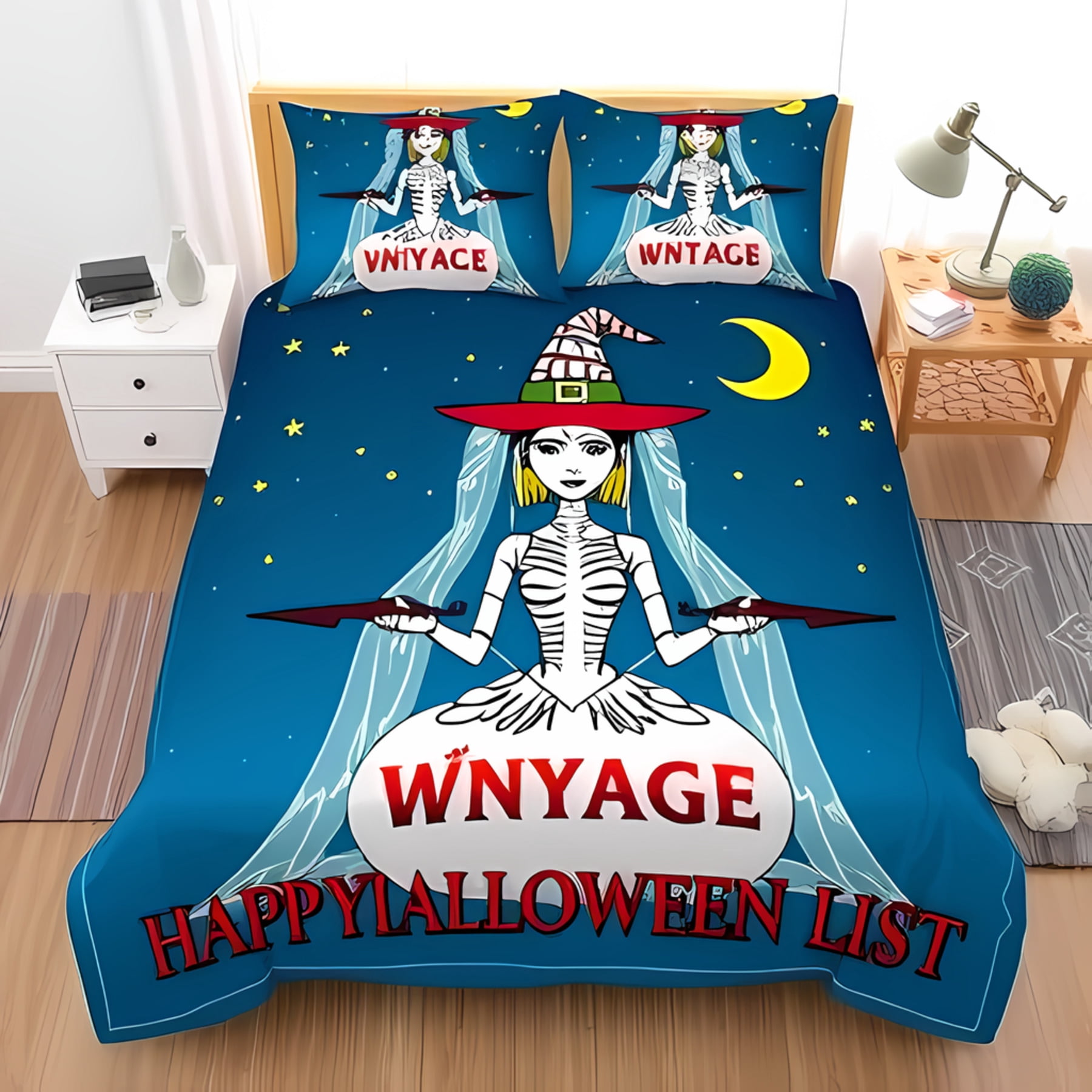 3-Piece Halloween Duvet Cover Set - Whimsical Blue Design with Skeletal ...