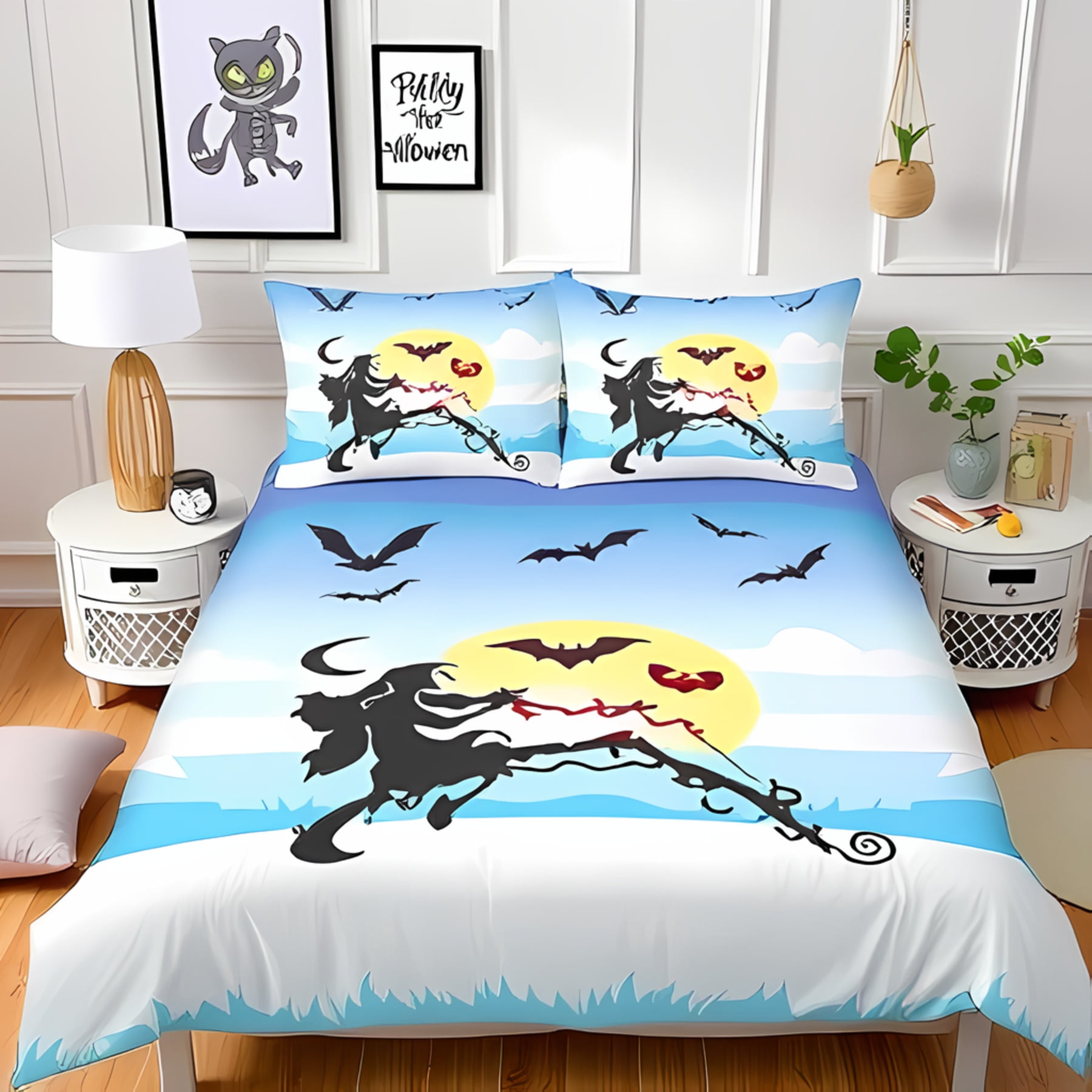 3-Piece Halloween Duvet Cover Set - Whimsical Moon Bat & Witch Design ...