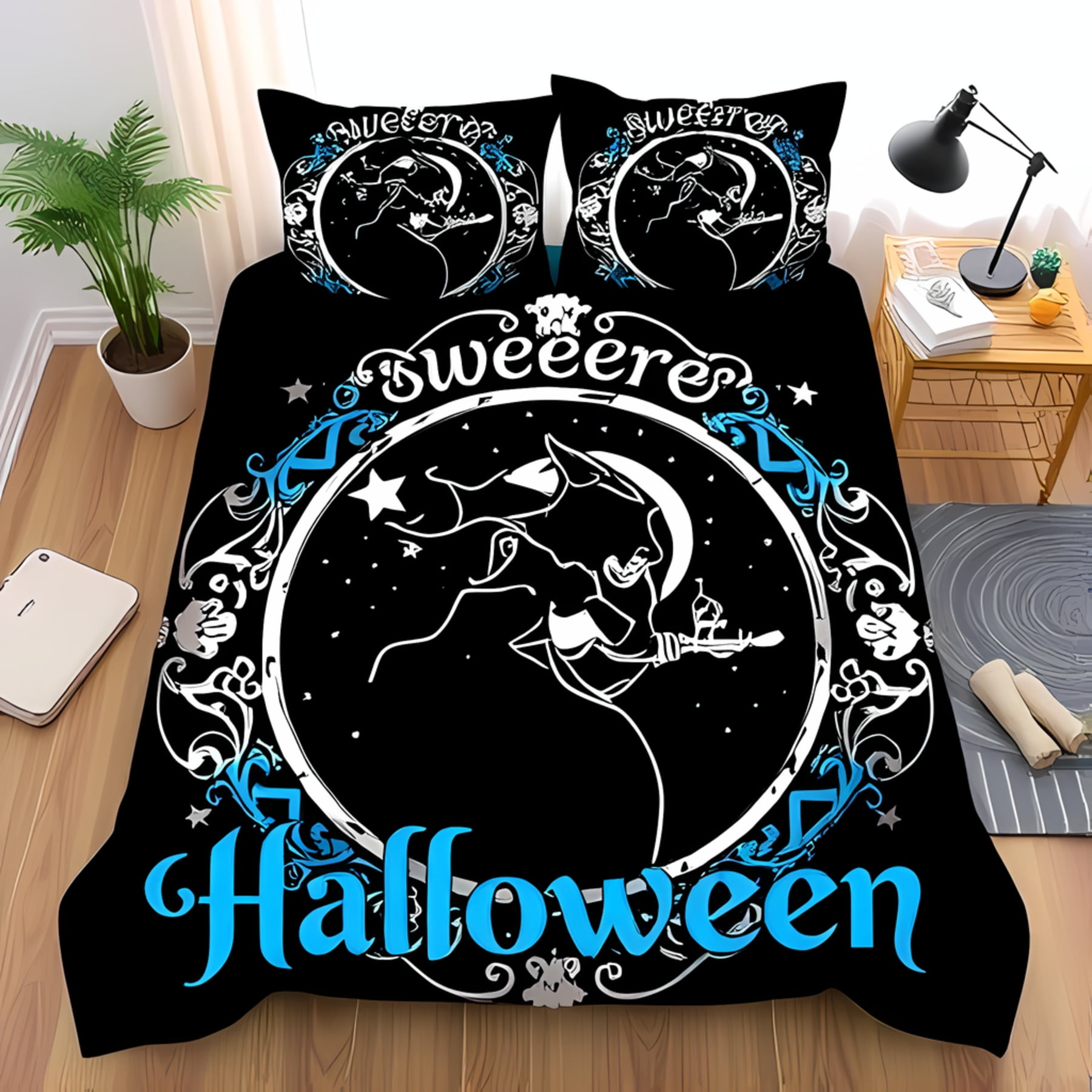 3-Piece Halloween Duvet Cover Set - Whimsical Witch Design with Accents ...
