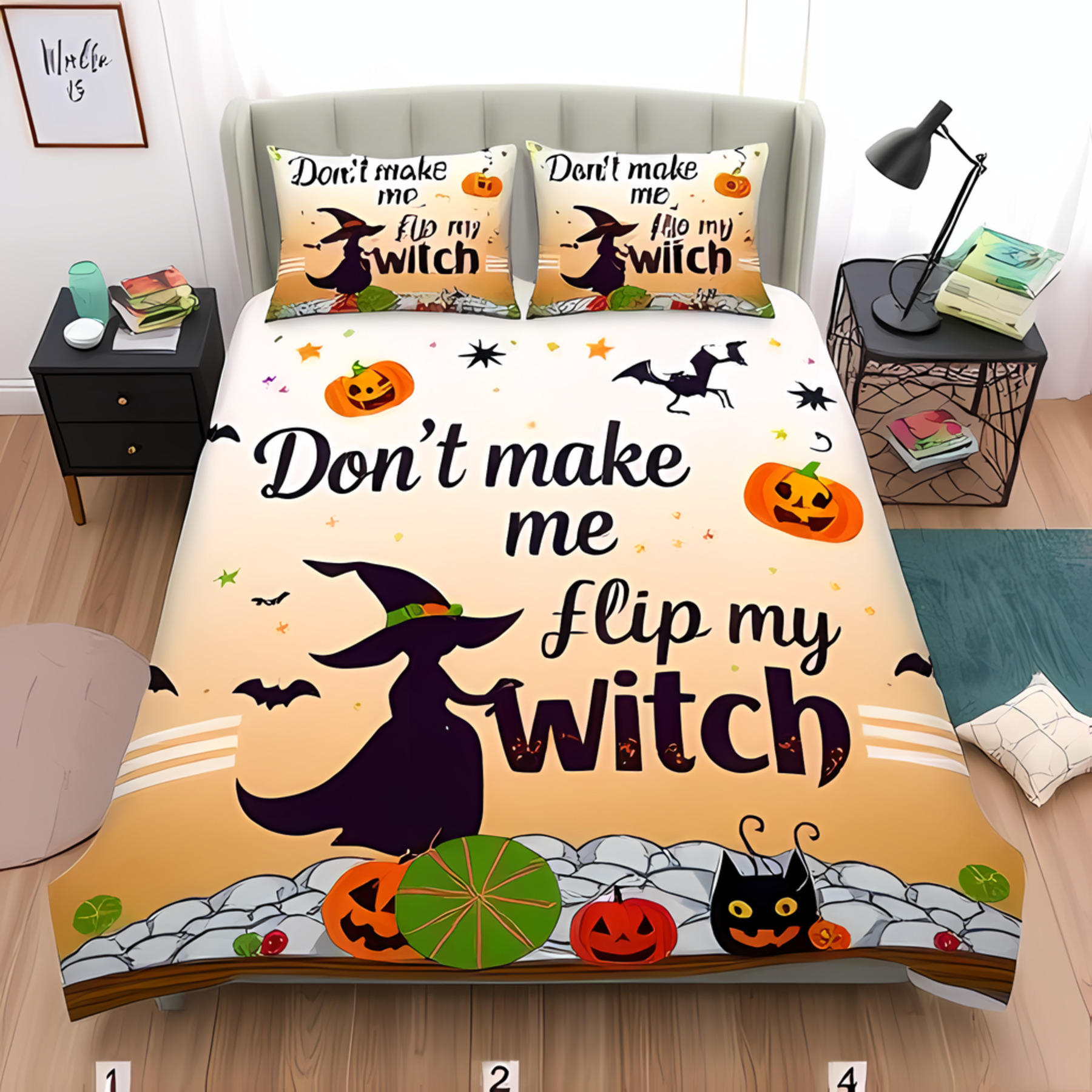 3-Piece Halloween Duvet Cover Set - Whimsical Witch Pumpkins & Bats ...