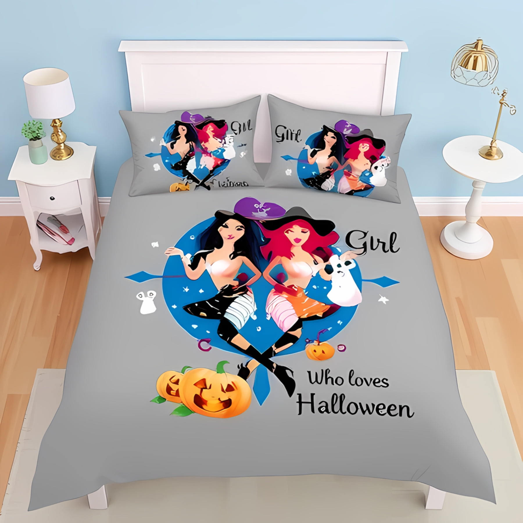 3-Piece Halloween Duvet Cover Set - Witch-Themed Bedding with Pumpkins ...