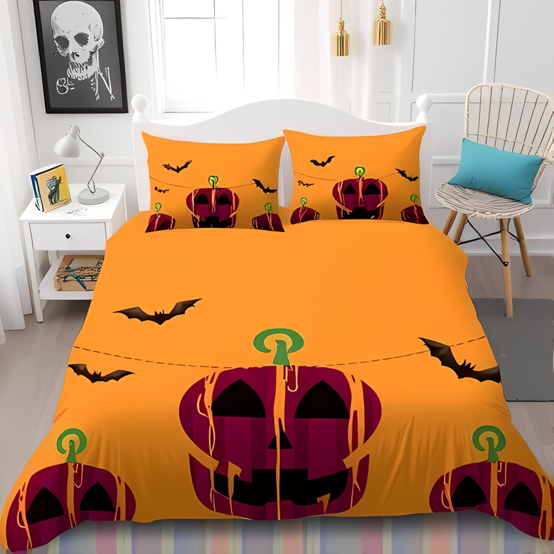 3-Piece Halloween Pumpkin & Bat Duvet Cover Set - Orange Bedding with ...
