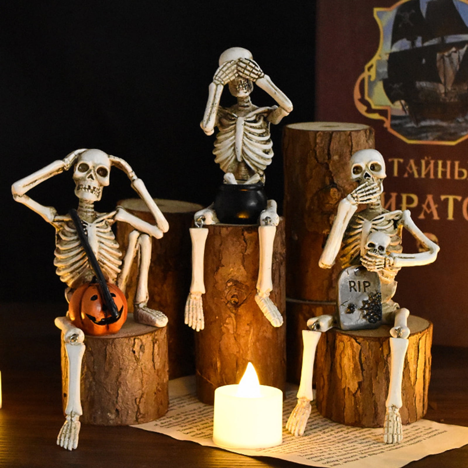 3-Piece Halloween Skeleton Statue See Speak Hear No Evil Resin Skeleton ...