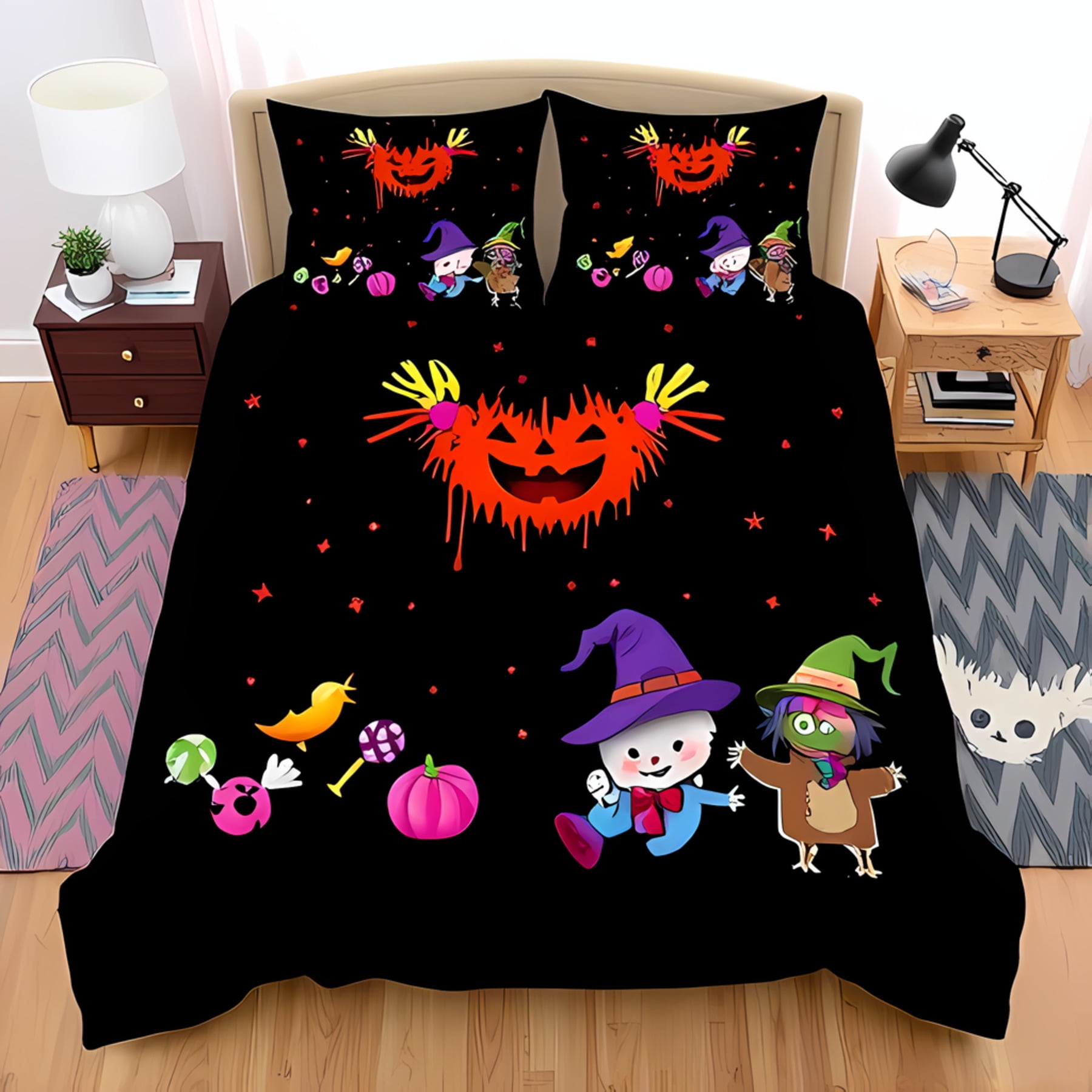 3-Piece Halloween Themed Duvet Cover Set - Black Bedspread with Smiling ...
