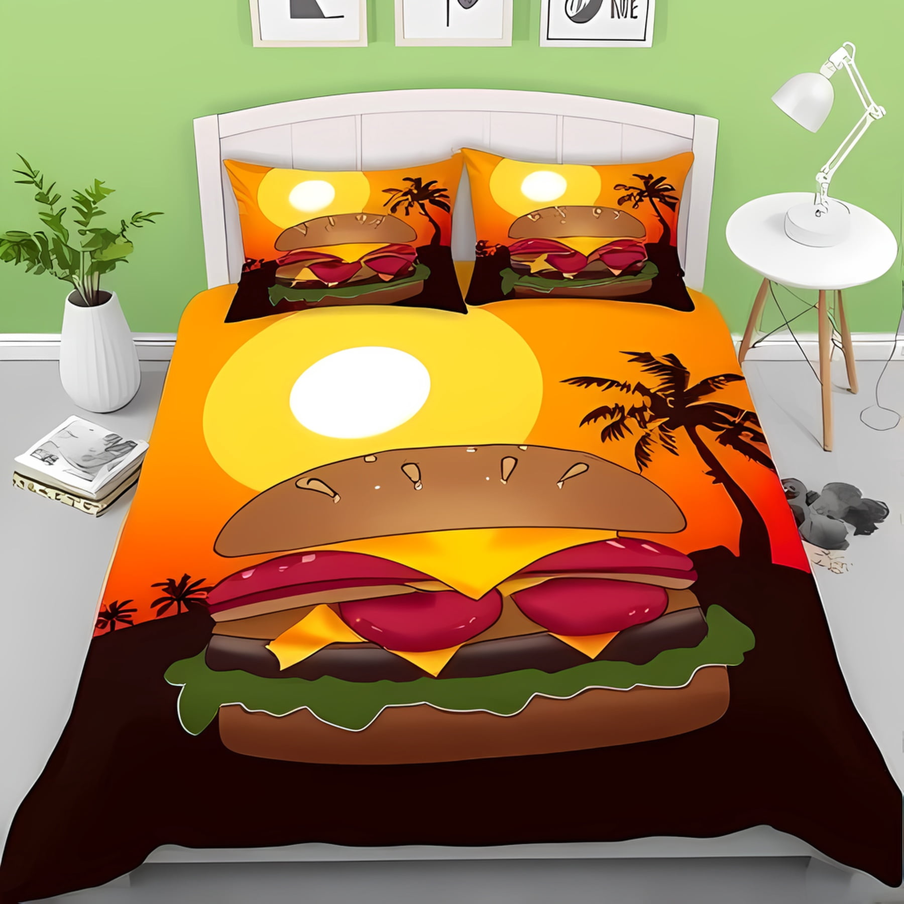 3-Piece Hamburger Duvet Cover & Pillowcase Set - Fun Tropical Sunset ...