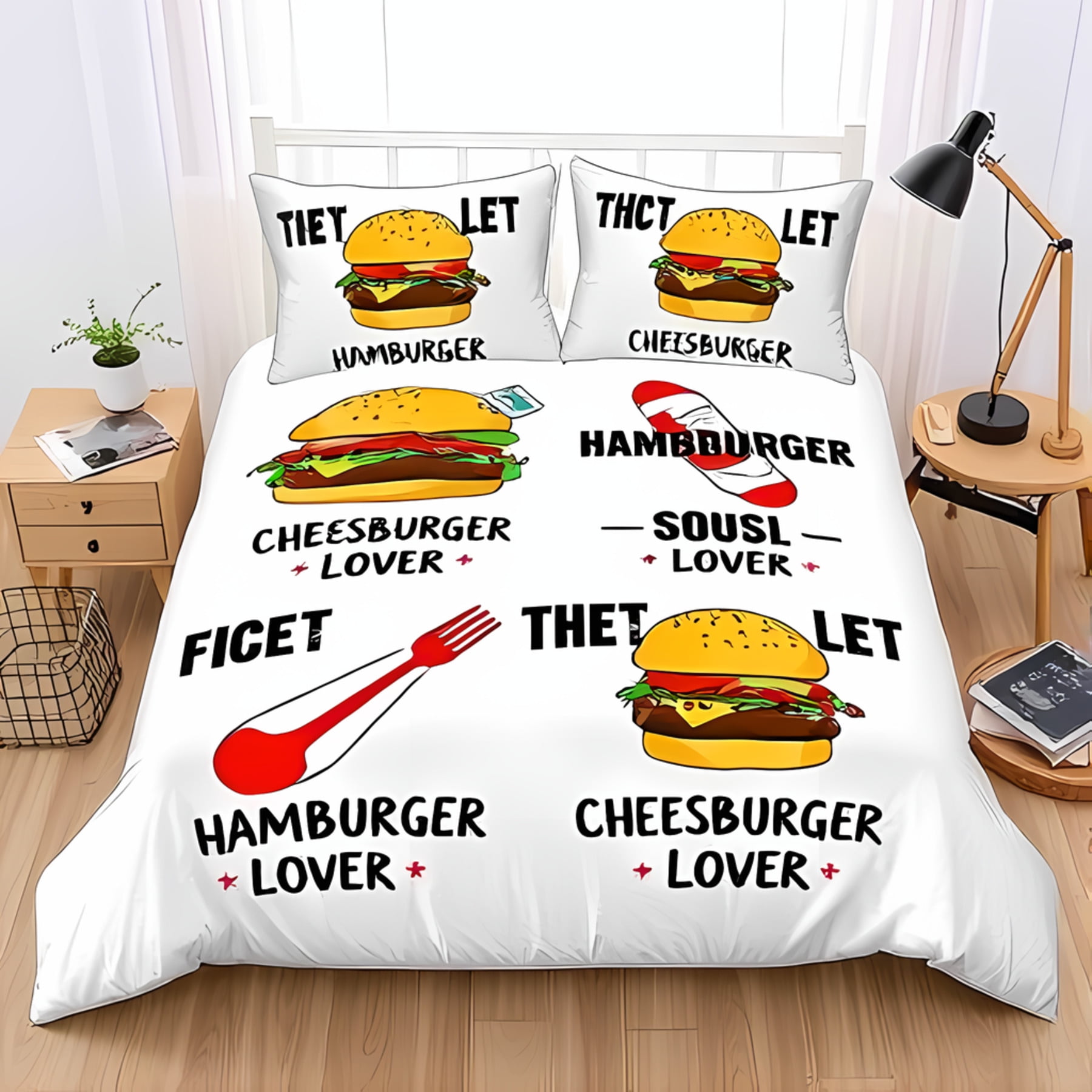 3-Piece Hamburger Lover Duvet Cover Set - Whimsical Cartoon Burger ...