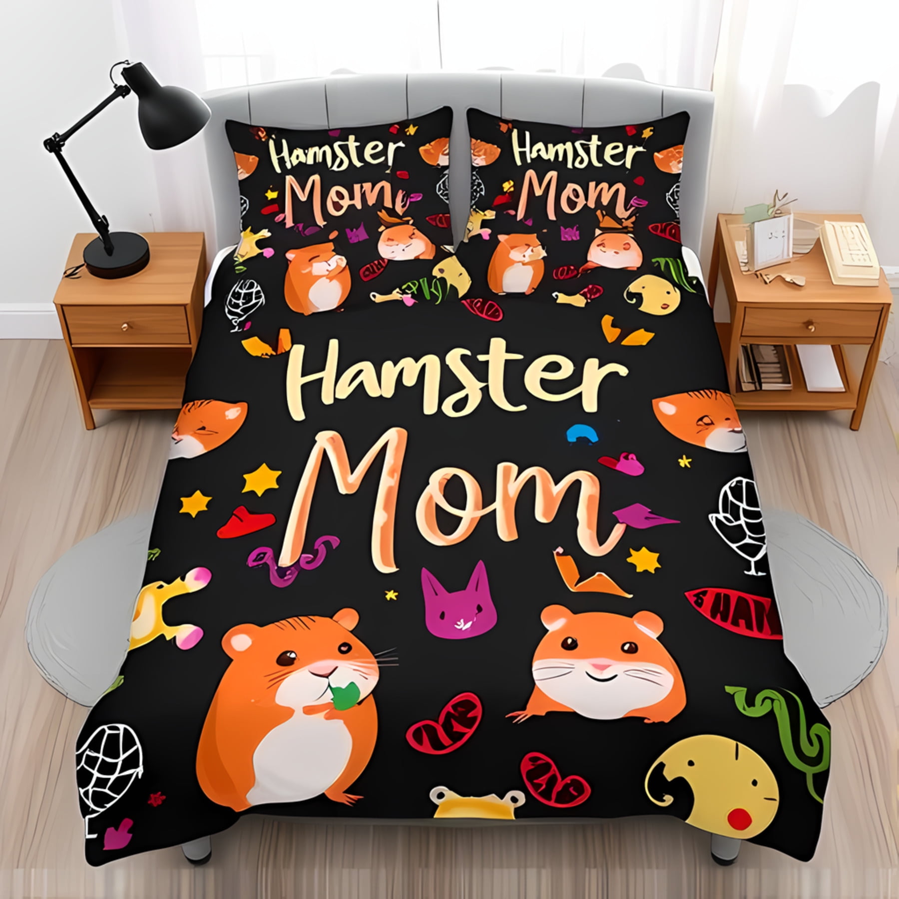 3-Piece Hamster Mom Duvet Cover Set - Vibrant Black Bedding with ...