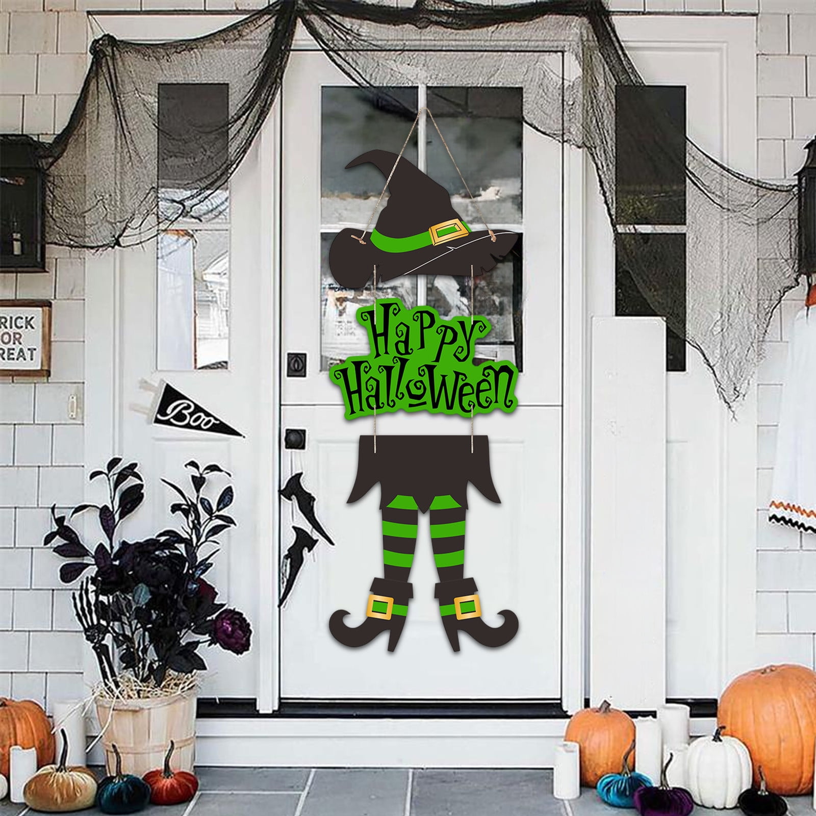3-Piece Hanging Witch Decor Set - Pre-Assembled Door Sign with Hat and ...