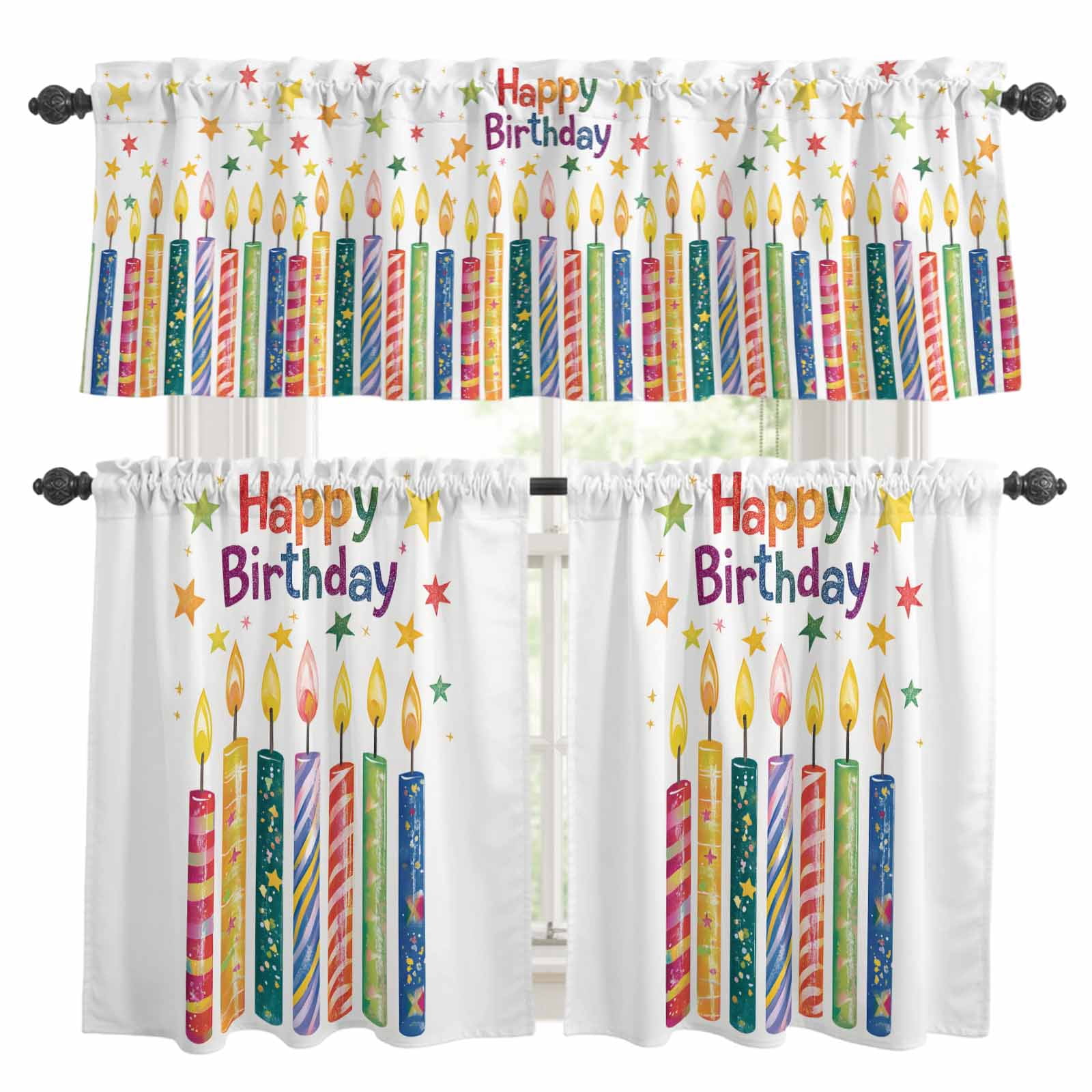3 Piece Happy Birthday Kitchen Curtain Valance and Tiers Set Colorful ...