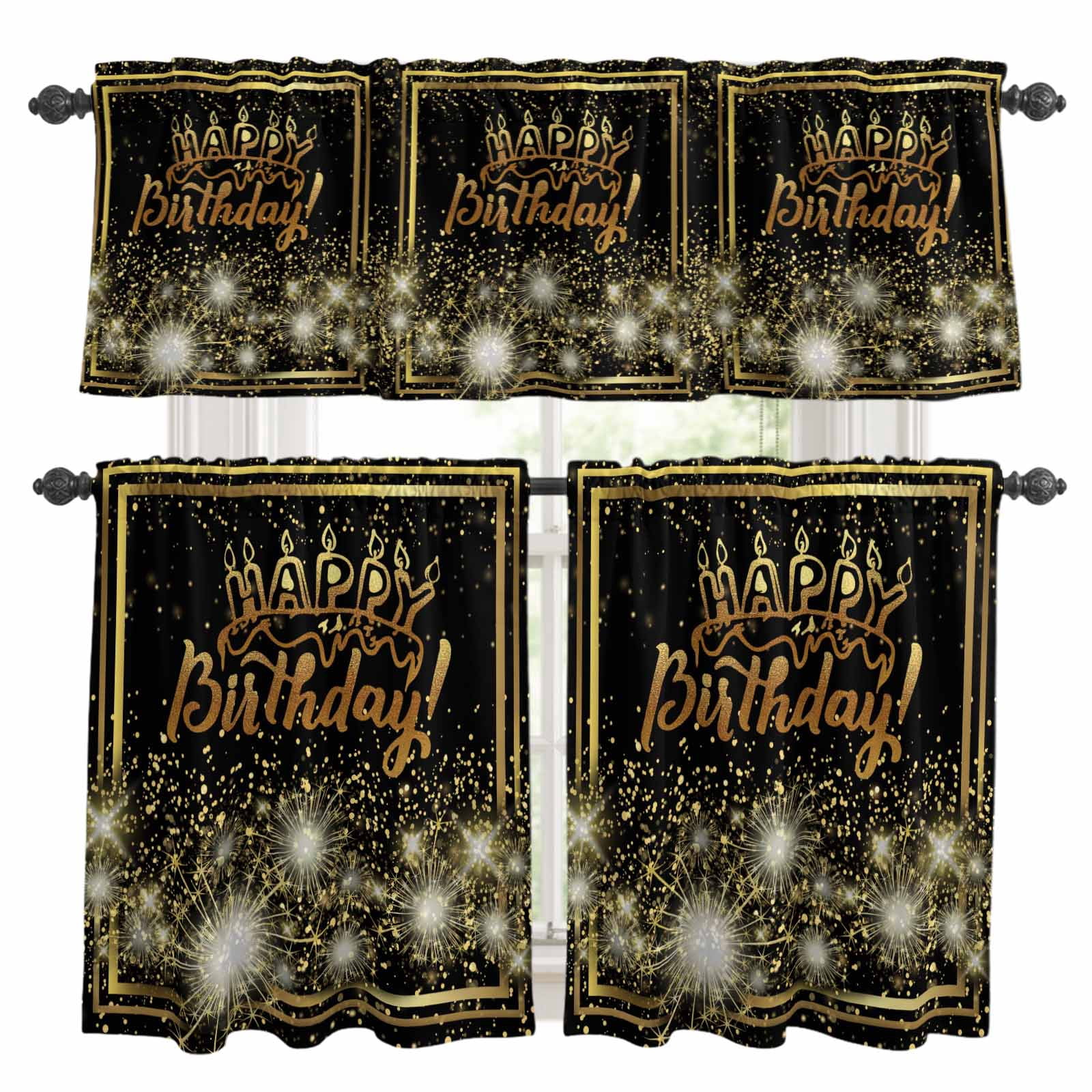 3 Piece Happy Birthday Kitchen Curtain Valance and Tiers Set Gold Black ...