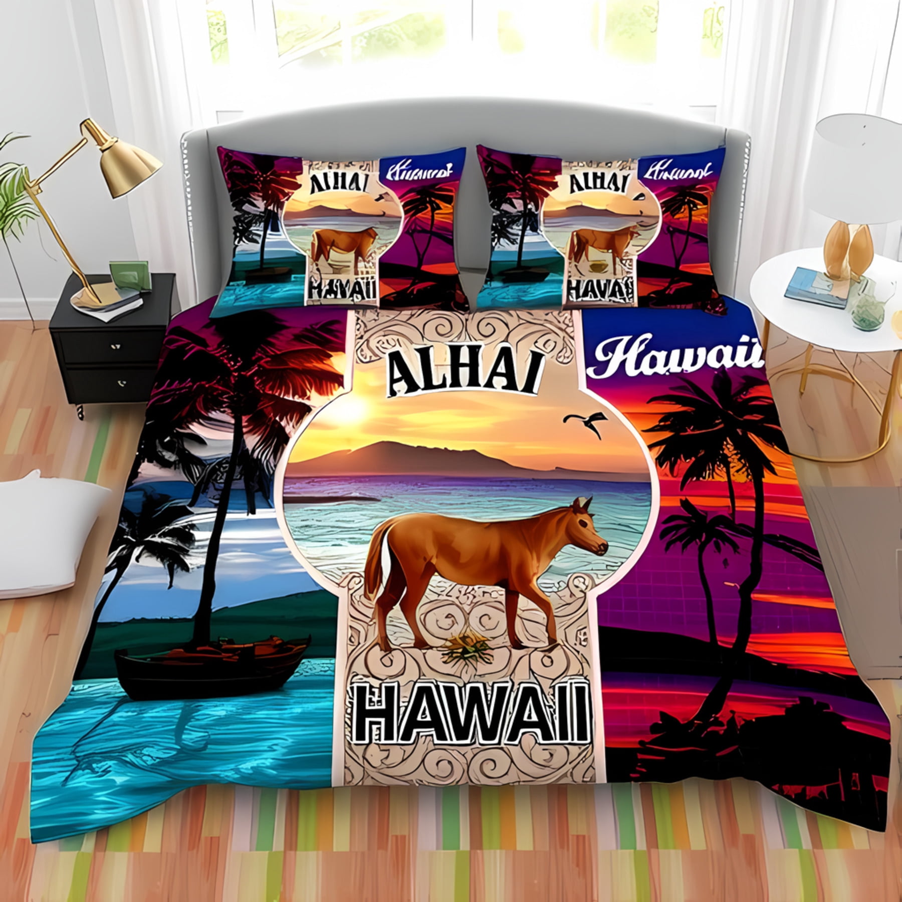 3-Piece Hawaiian Sunset Duvet Cover Set with Tropical Beach Scene Trees ...