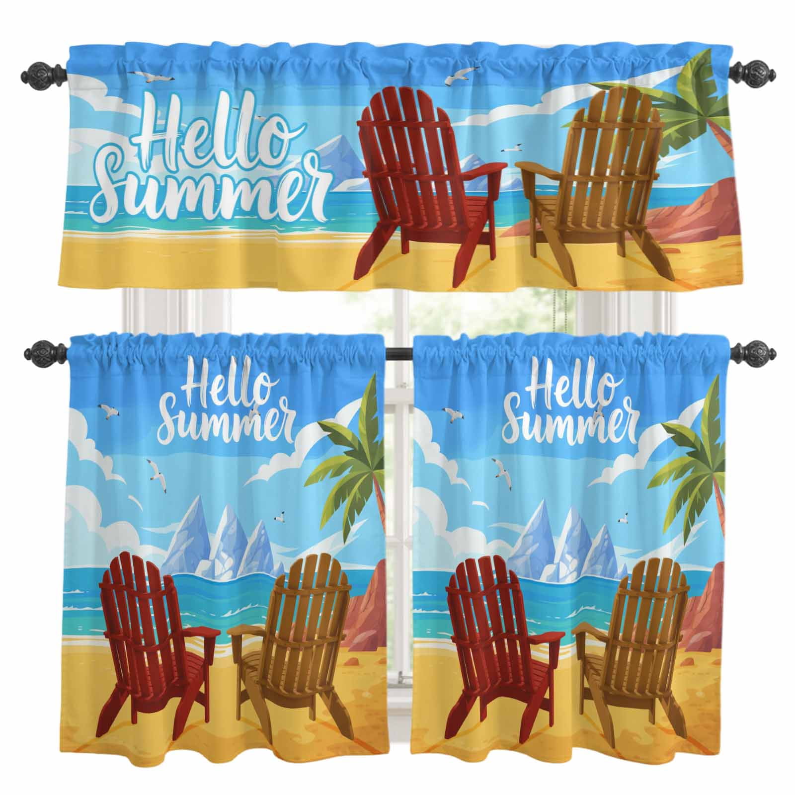 3 Piece Hello Summer Kitchen Curtain Valance and Tiers Set Beach Sandy ...