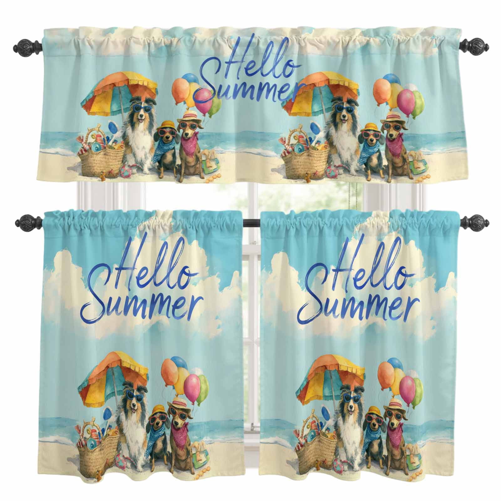 3 Piece Hello Summer Kitchen Curtain Valance and Tiers Set Summer Sea ...