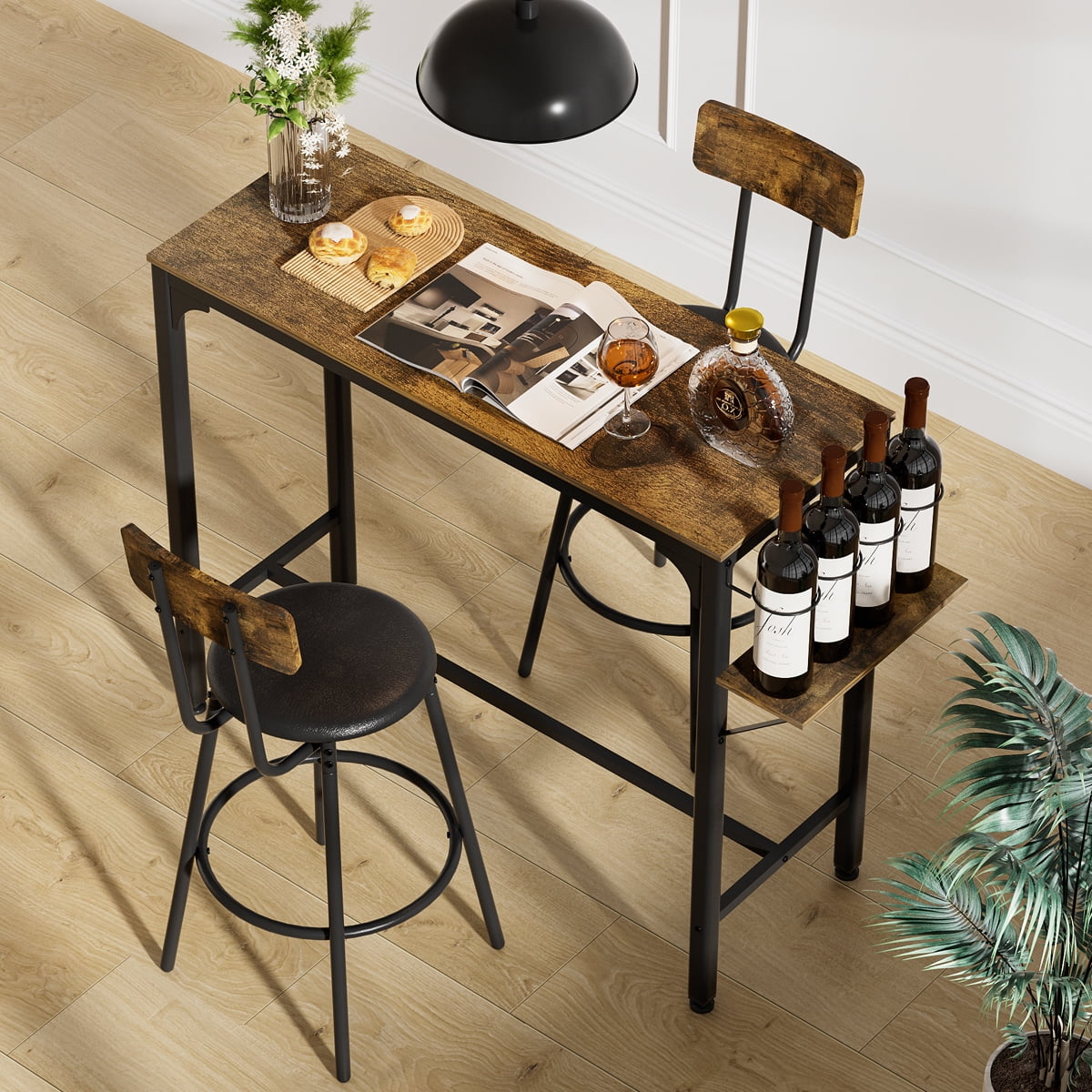 3 Piece Home Bar Set, Metal Pub Table with 2 Chair, Dining Table with 2 ...