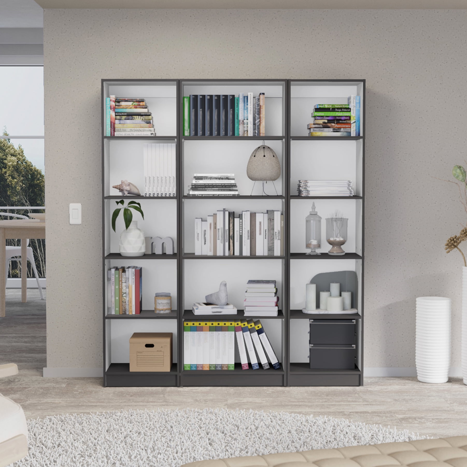 3 Piece Home Bookcase Group, 60" Wide, 15 Shelves, Matt Gray - White ...