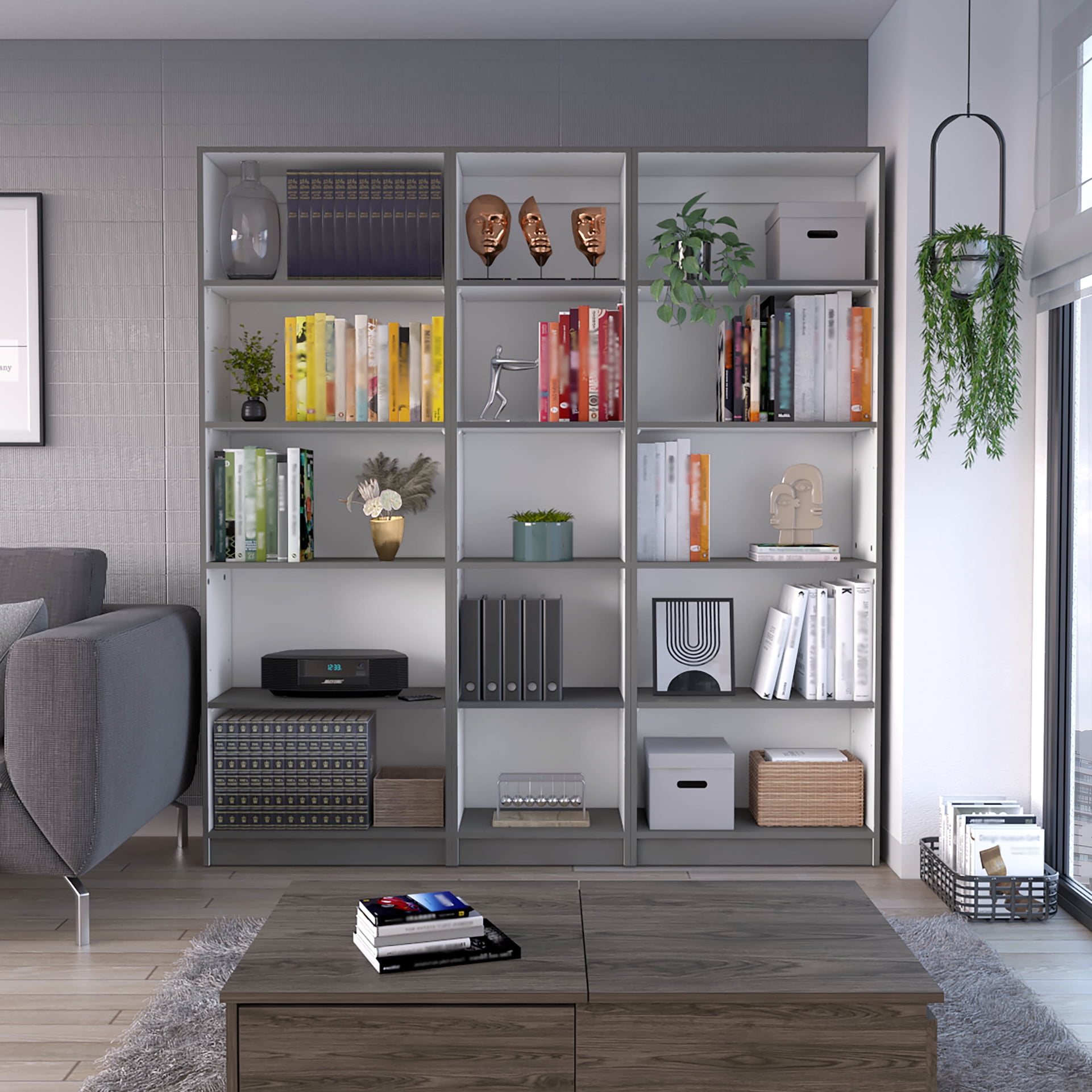 3 Piece Home Bookcase Group Setup, 67" Wide With 15 Shelves. Matt Gray ...