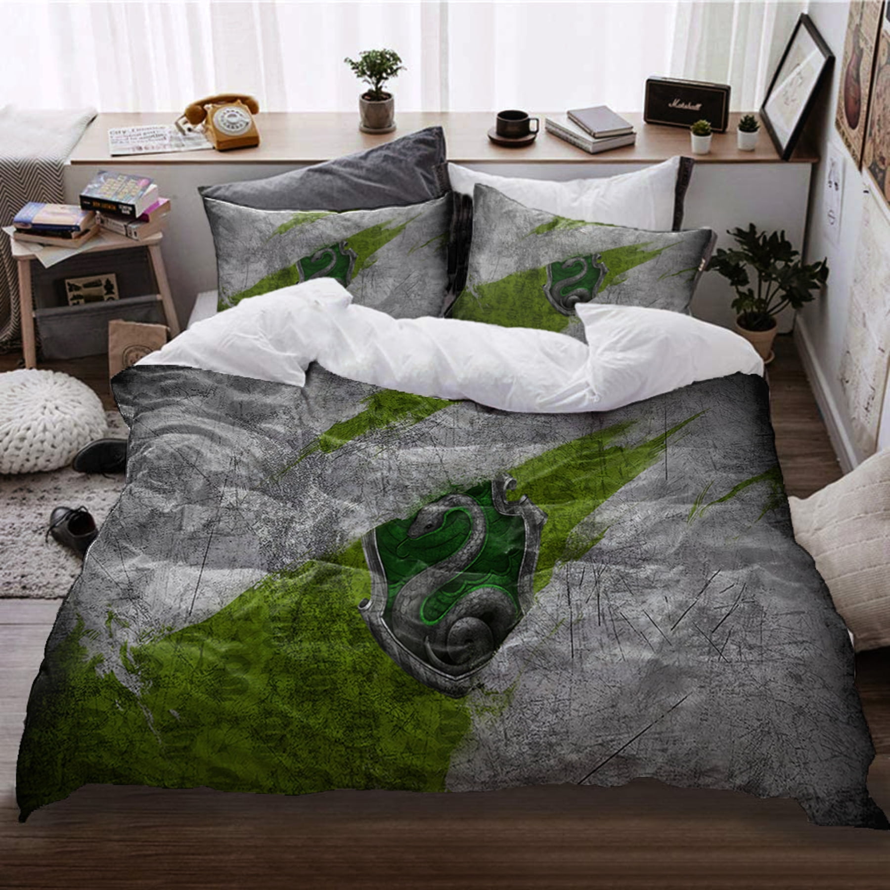 3-Piece House Duvet Cover Set - Grey Concrete with Green Accents ...