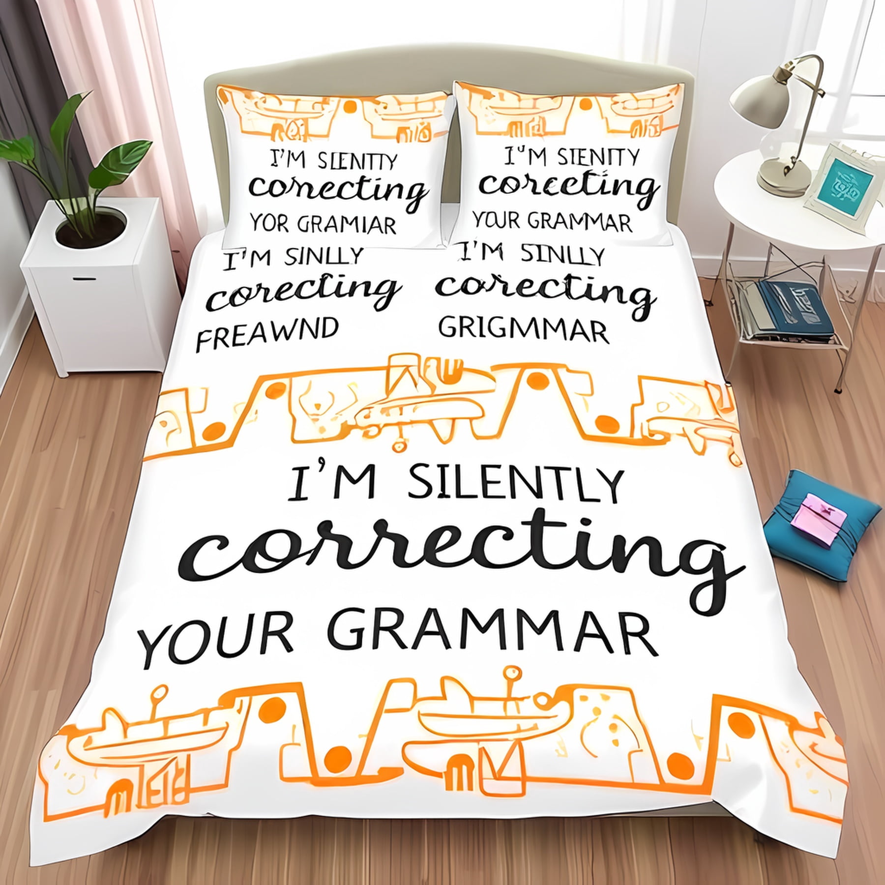 3-Piece Humorous Grammar Bedding Set - Duvet Cover & Pillowcases with ...
