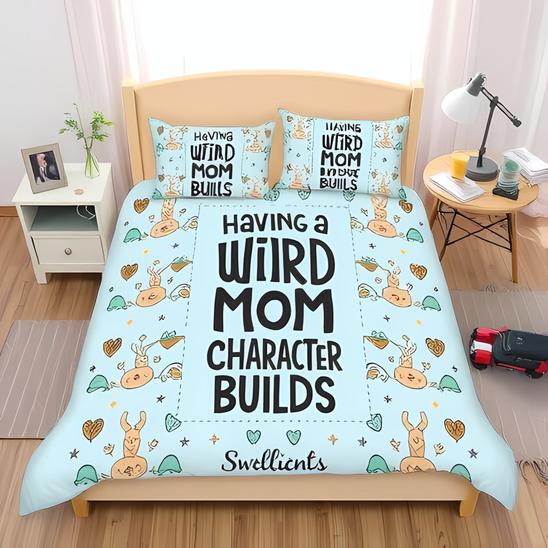 3-Piece Ice Blue Duvet Cover Set with Cute Illustrations & Heart Motifs ...