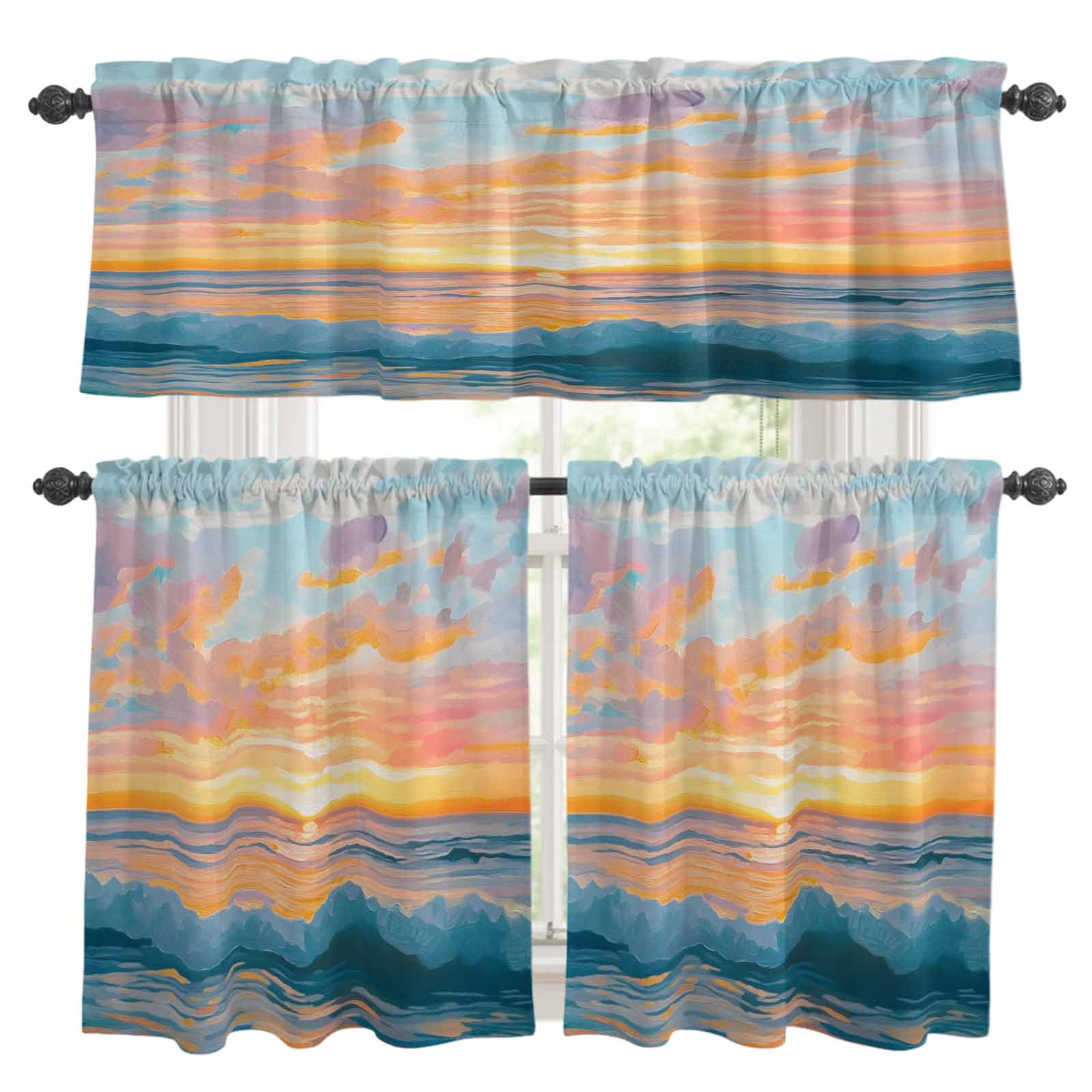 3 Piece Impressionist Kitchen Curtain Valance and Tiers Set Abstract ...