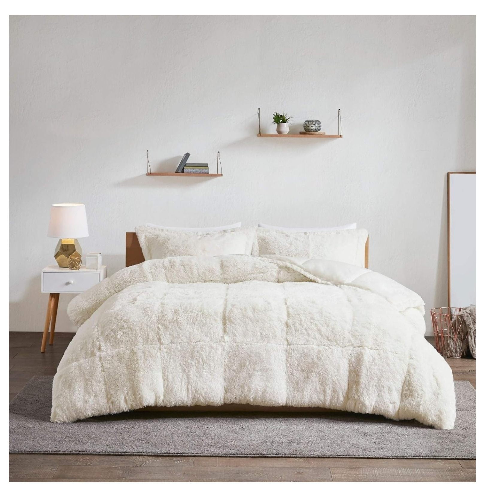 3 Piece Ivory Faux Fur Comforter King/Cal King Set Micromink Bedding ...
