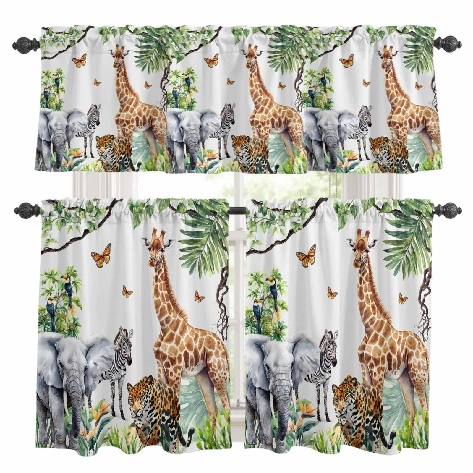 3 Piece Jungle Animals Kitchen Curtain Valance and Tiers Set Giraffe ...