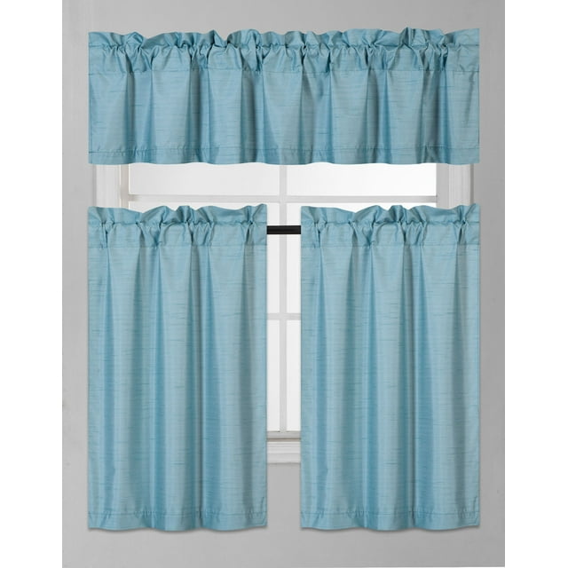 3-Piece K3 Teal Blackout Rod Pocket Kitchen Curtain Set, Two (2 ...