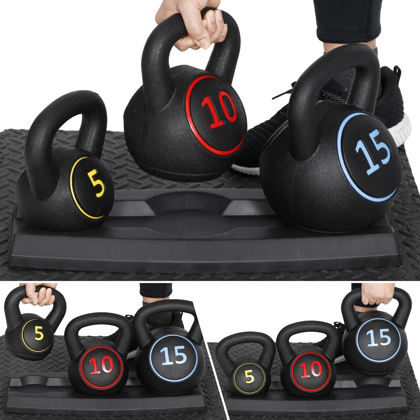 3-Piece Kettlebell Set with Storage Rack Exercise Fitness Weights ...