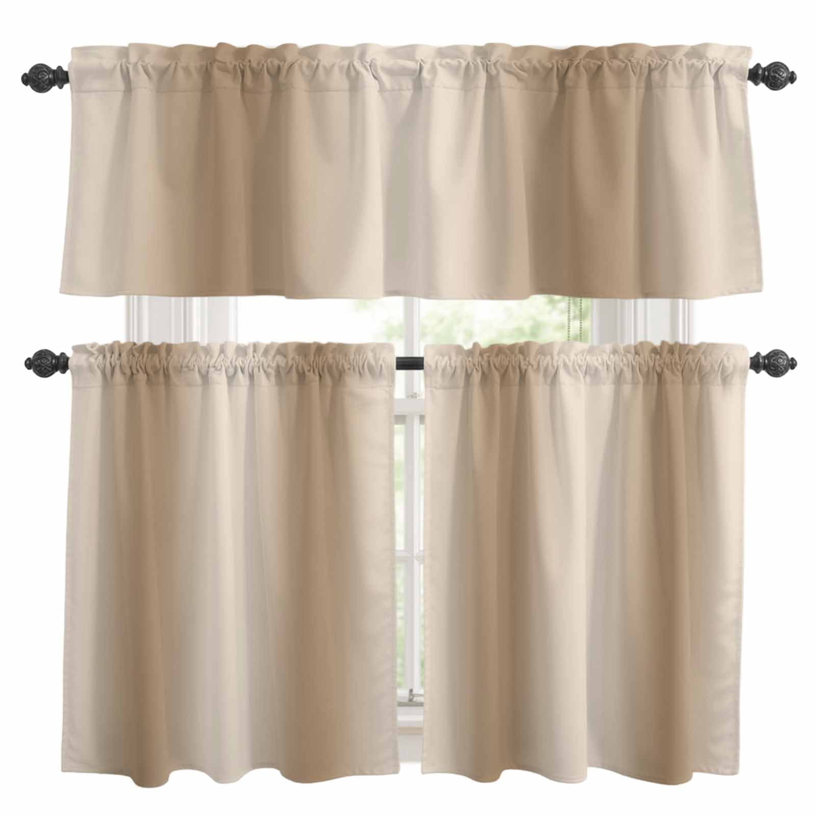 3 Piece Khaki Gradient Kitchen Curtain Valance and Tiers Set Ombre Rod ...