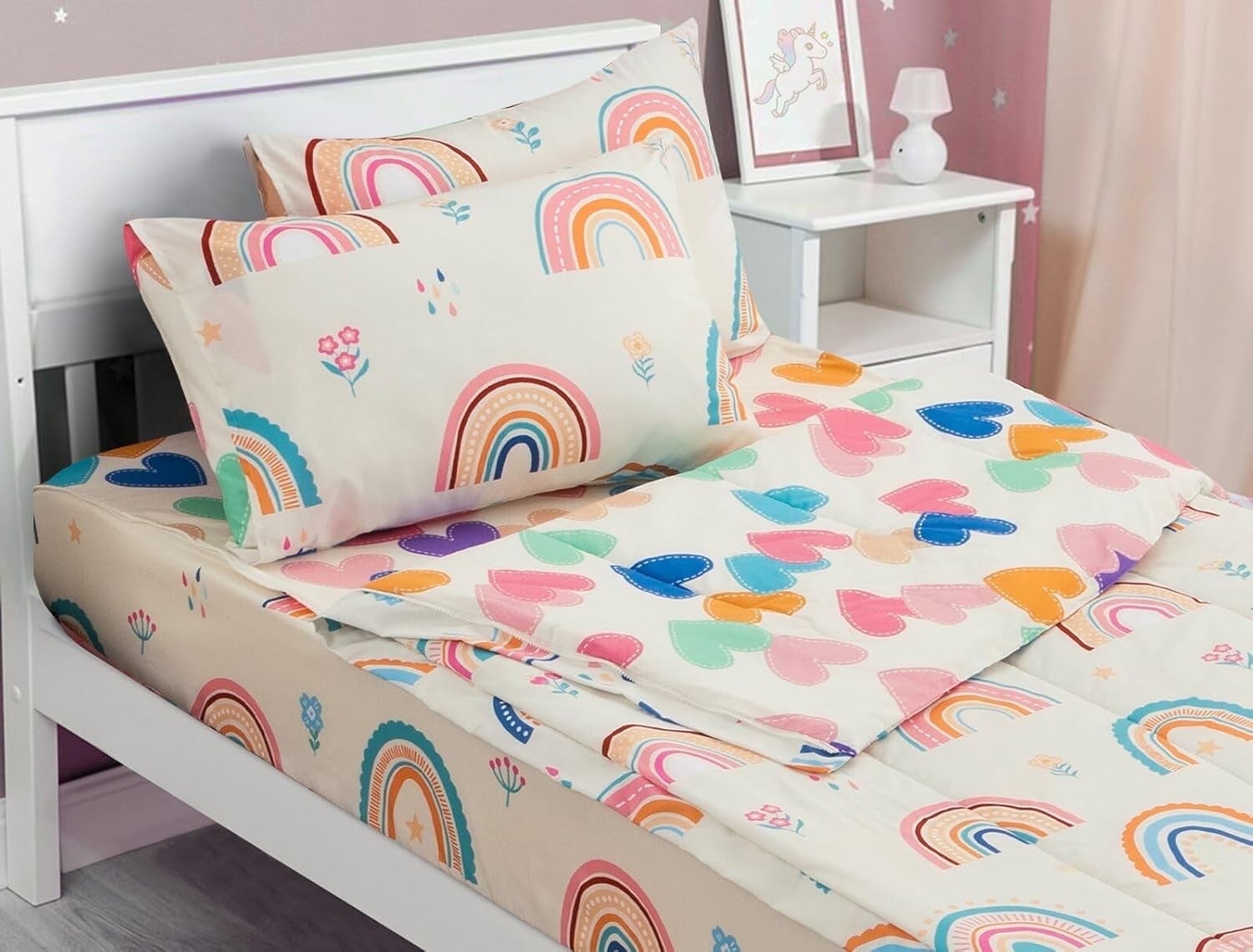 3-Piece Kids Comforter Set Twin Zipper Bedding for Girls, Rainbow ...