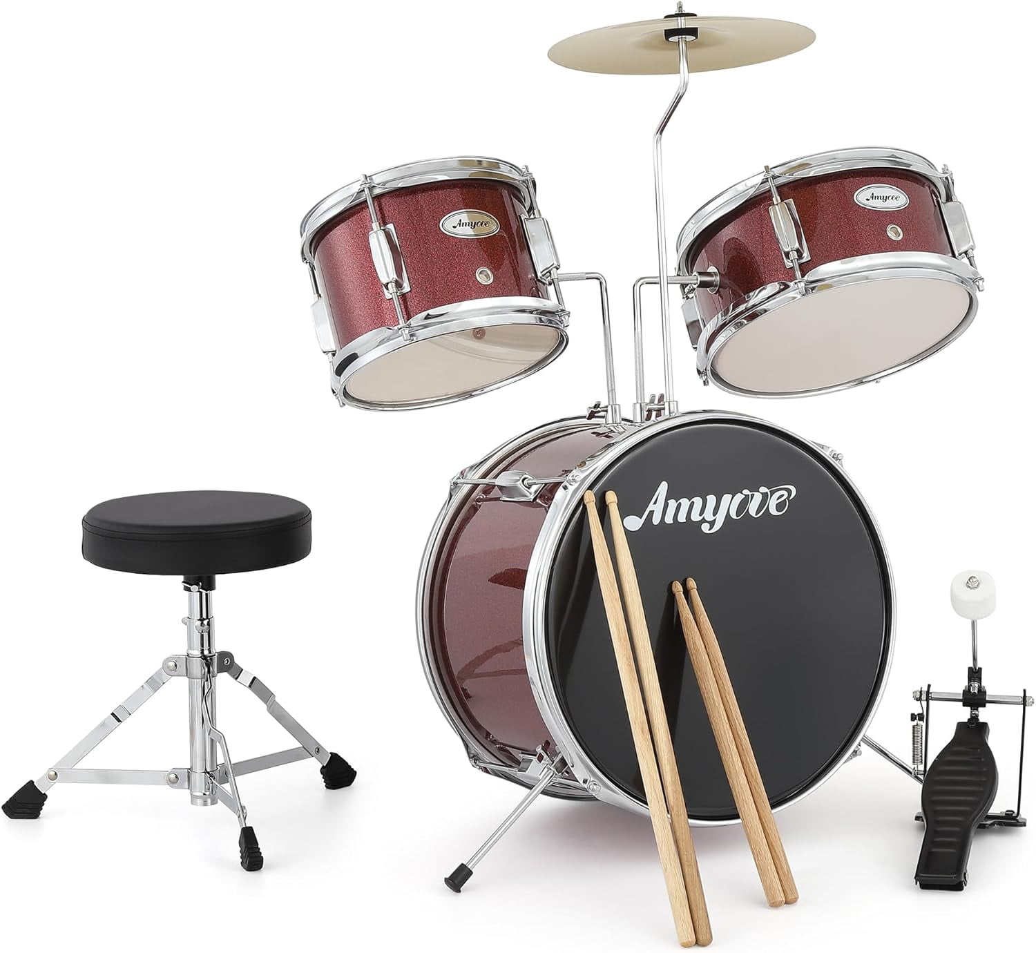 3 Piece Kids Drum Set With Cymbal-2 Drumsticks-Pedal-2 Toms-Throne ...