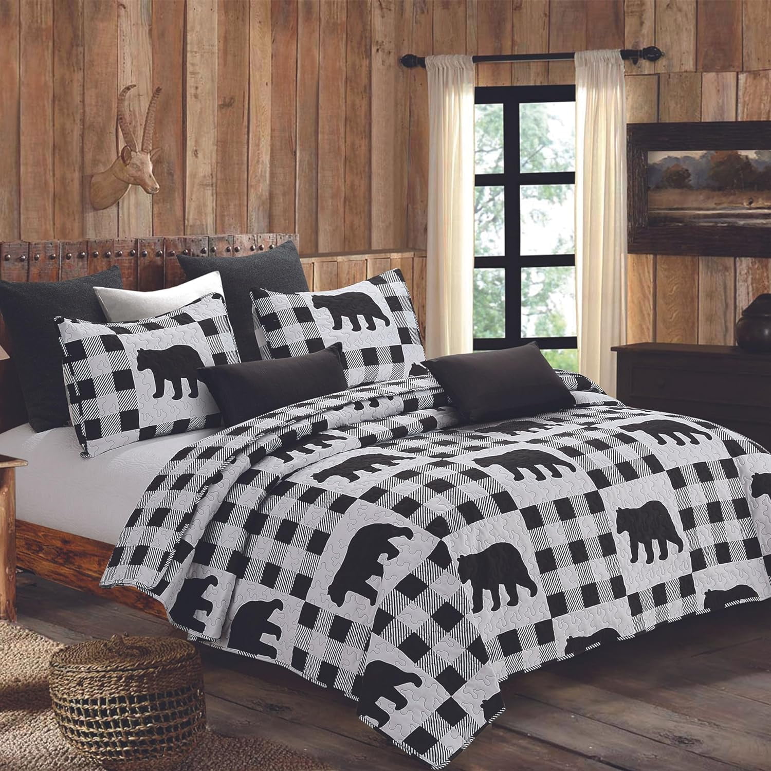3 Piece King Quilt Bedding Set - Buffalo Bear Plaid Black - Cabin ...