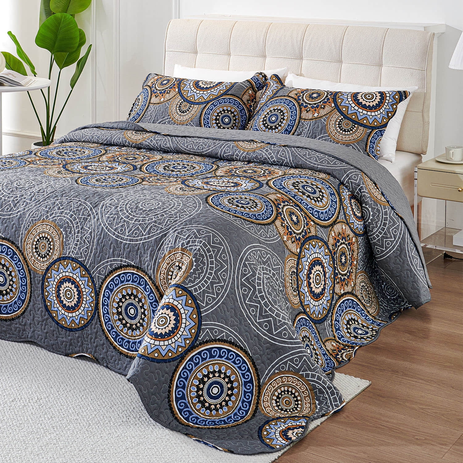3-Piece King Size Bedspread Coverlet Set - Gray Mandala Quilt with 2 ...