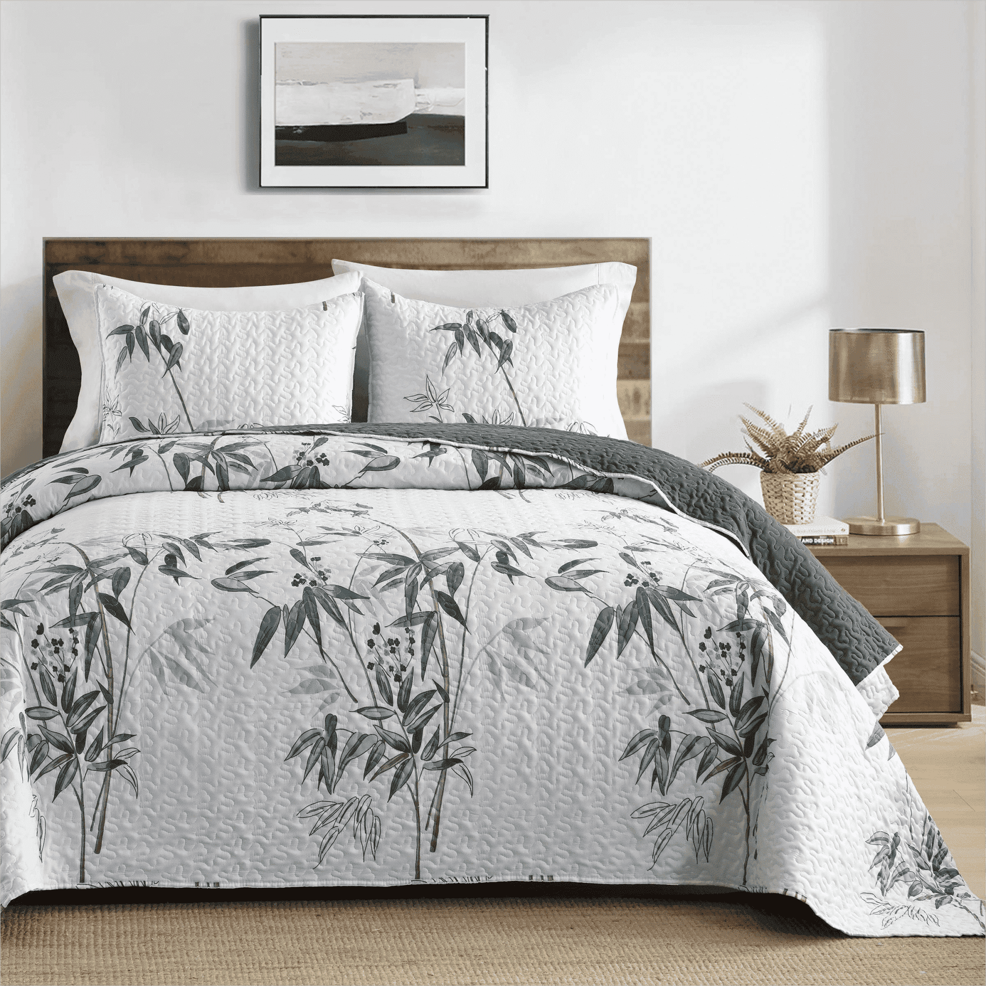Free Shipping 3 Piece King Size Quilt Set Greagle Soft Warm Lightweight King Summer Quilt Bedspread Machine Washable Bedding Set with 2 Piece Pillow Shams 90x104 inch Aquarell BamBoo Leaf Print Walmar...