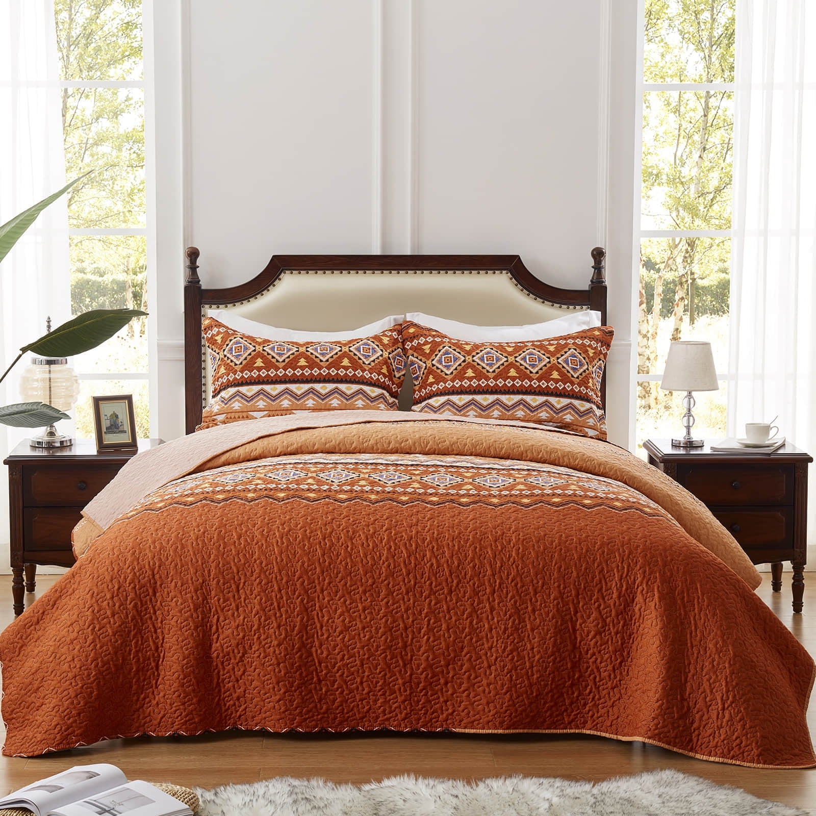 3-Piece King Size Quilt Set - Orange Rust Bohemian Bedspread Coverlet ...