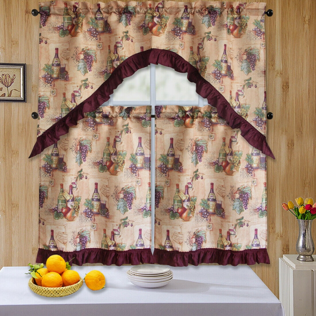 3 Piece Kitchen Curtain Sawg Set, Window Treatment Grapes & Wine ...