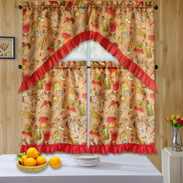 Kashi Home Elegant 3 Piece Kitchen Curtain Set with Vegetable & Oil ...