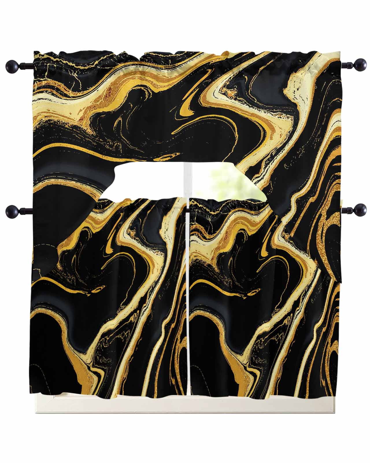 3 Piece Kitchen Curtain Set, Black Gold Marble Luxury Abstract Glitter ...